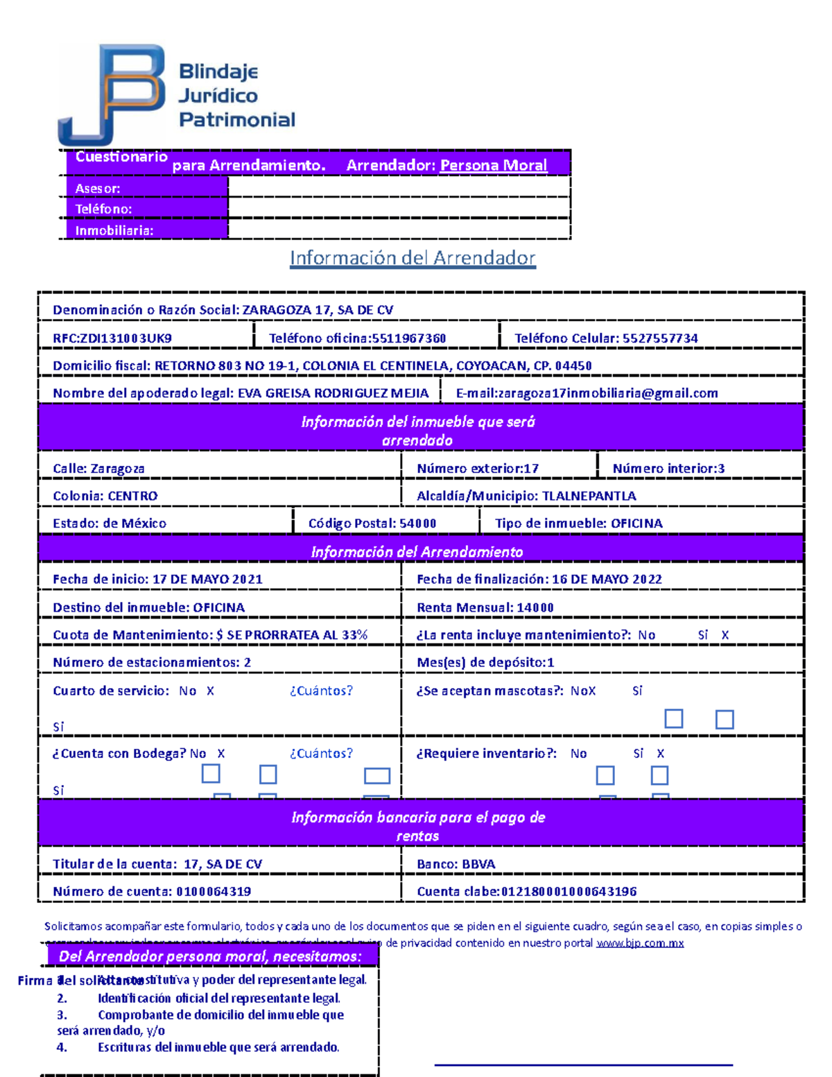 Cuestionario Persona Moral Arrendador - Cuestionario para Arrendamiento. Arrendador: Persona ...
