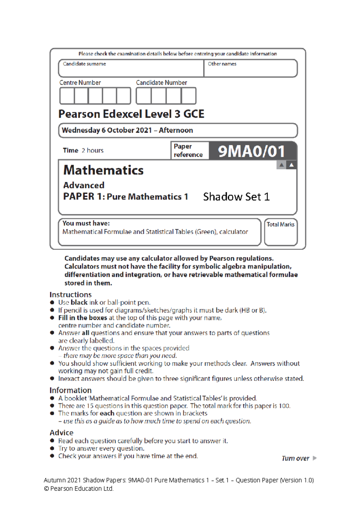 2110 9MA0 01 AL Pure 1 October 2021 Shadow Paper pdf - Autumn 2021 ...