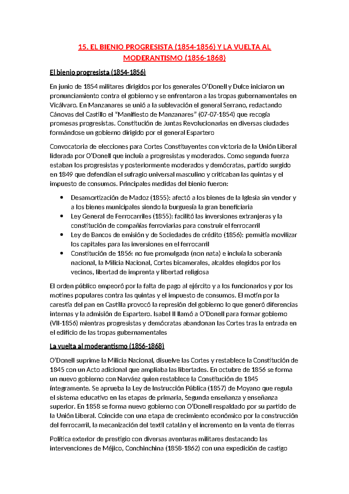 Tema 15 historia - 15. EL BIENIO PROGRESISTA (1854-1856) Y LA VUELTA AL ...