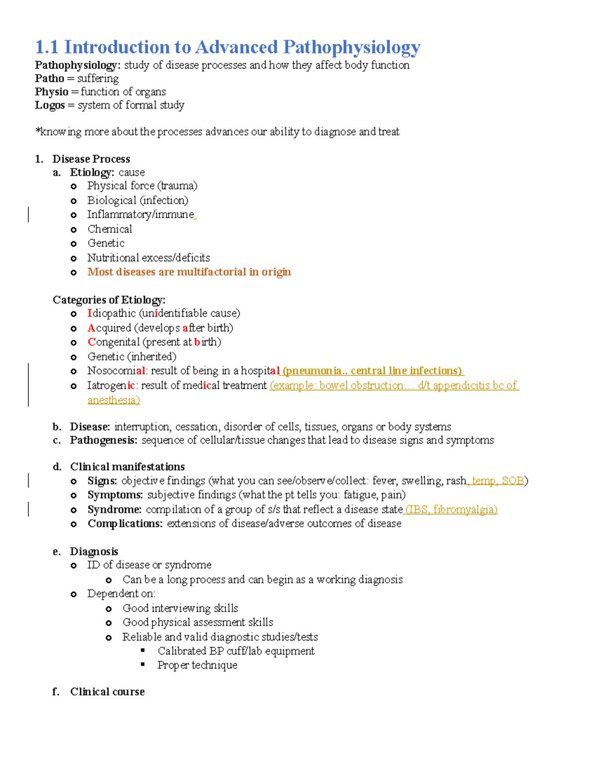 Exam 1 Notes - 1 Introduction to Advanced Pathophysiology ...