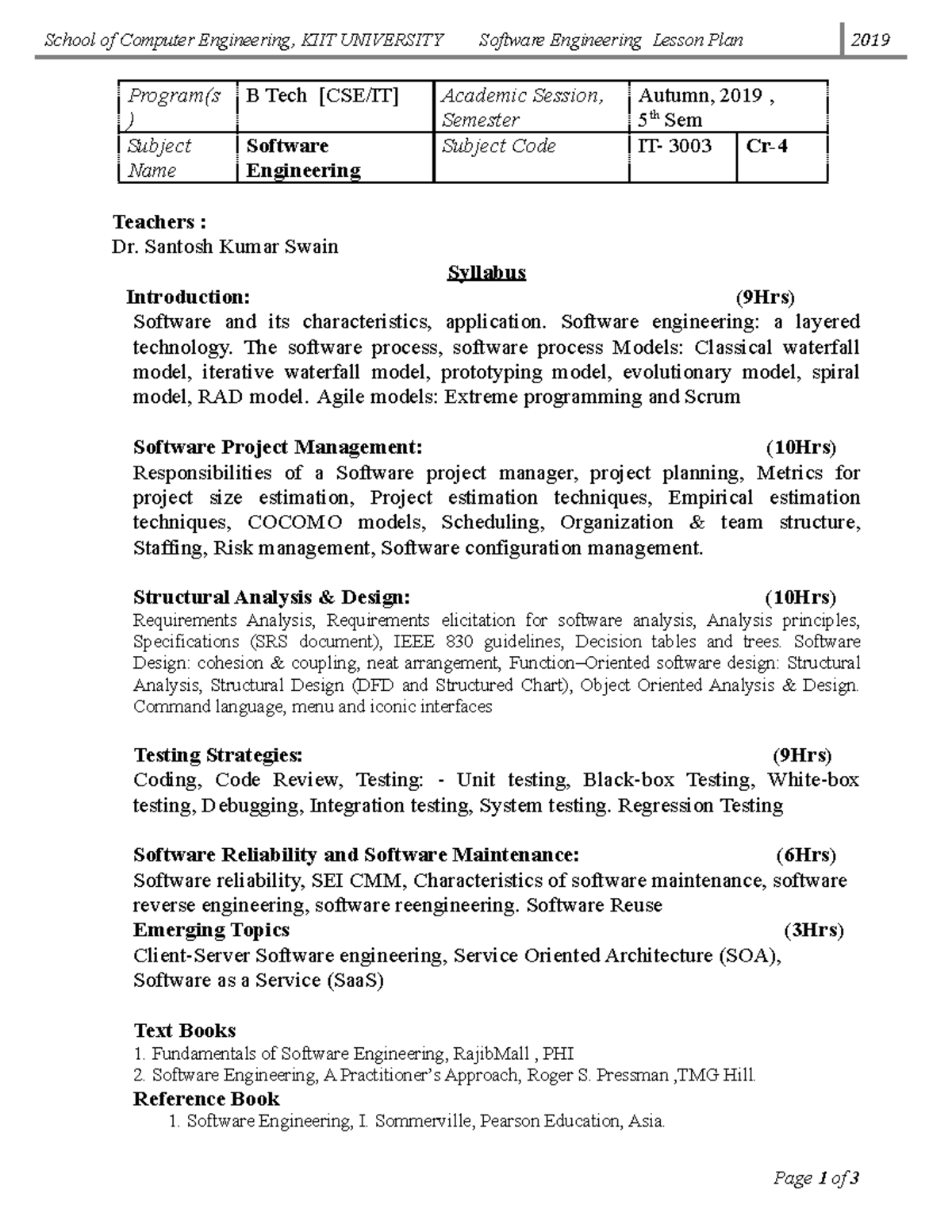 Software Engineering Course Plan 2019 - School of Computer Engineering ...