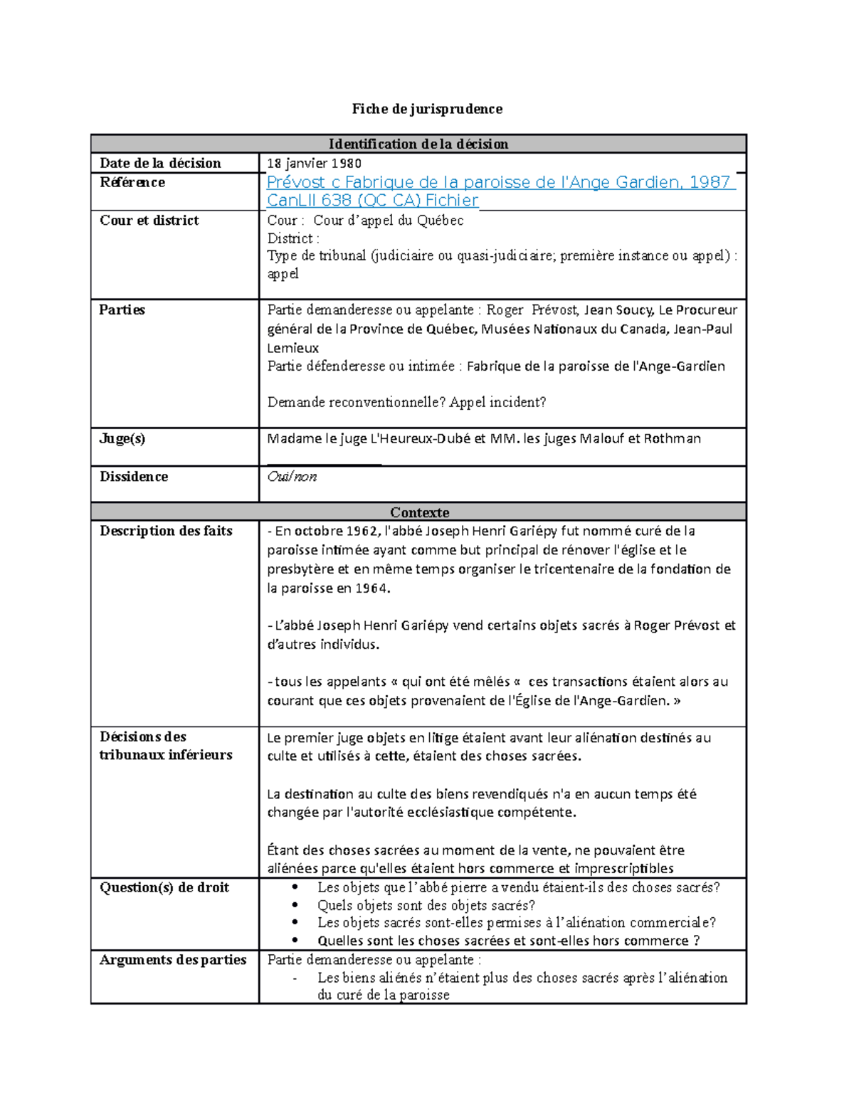 FJP Prévost c Fabrique de la paroisse de l'Ange Gardien, 1987 Can LII ...