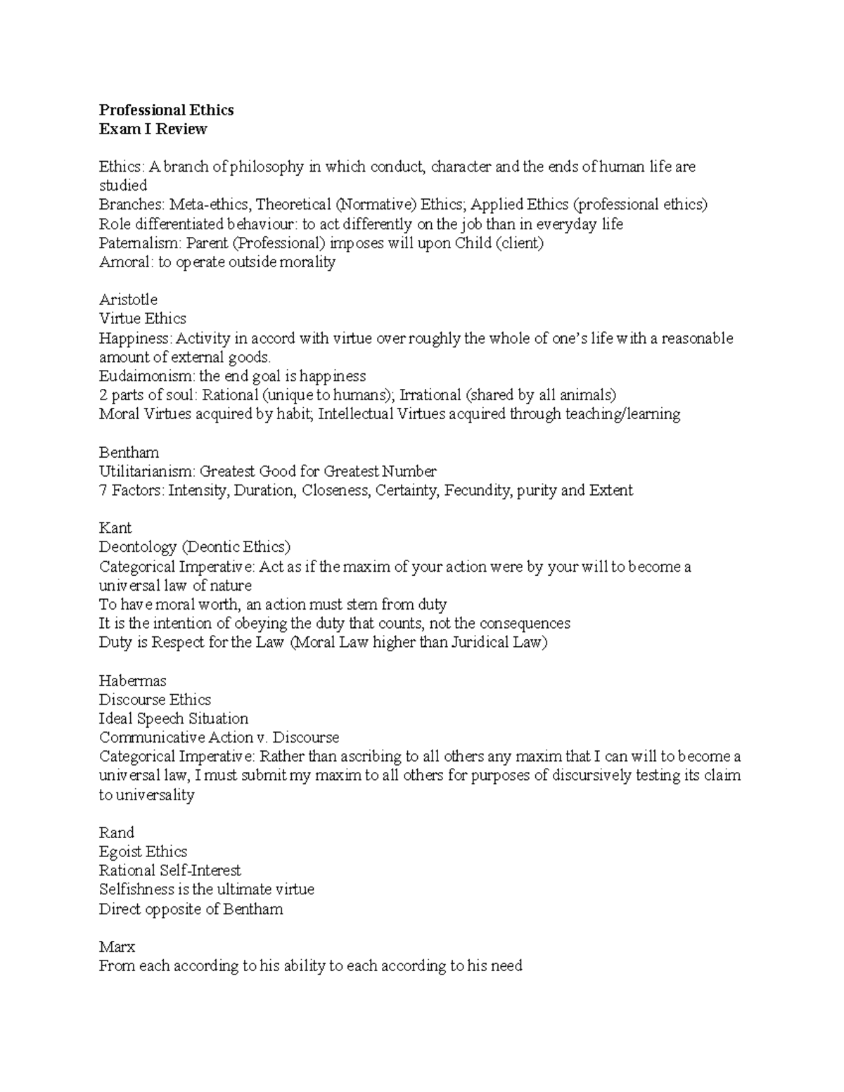 Professional Ethics Exam I Review - Professional Ethics Exam I Review ...