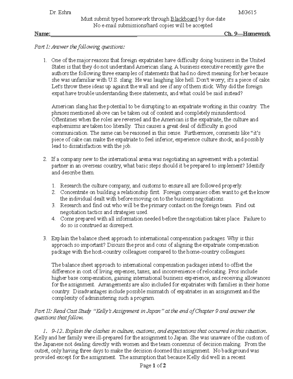 Ch. 9 Homework complete - Dr. Eshra MG Must submit typed homework ...