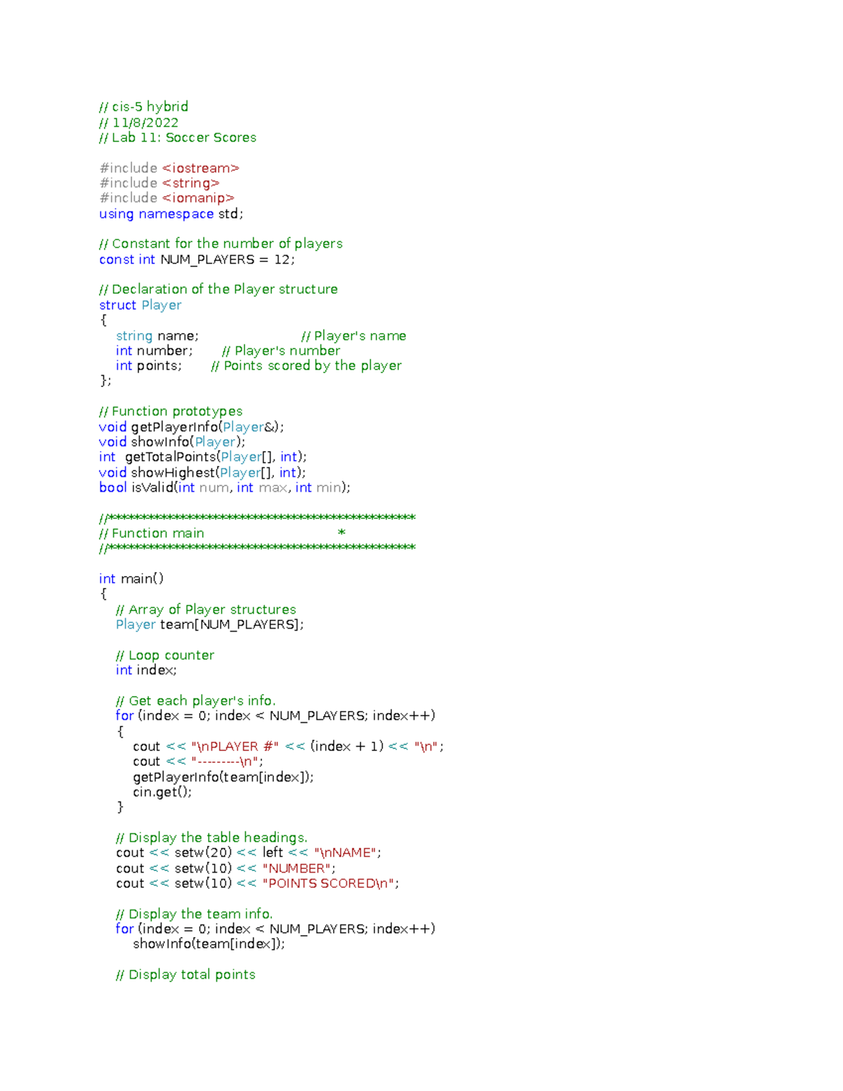 (Module 11) - Lab 11 - Soccer Scores - // cis-5 hybrid // 11/8/ // Lab 11: Soccer Scores # ...
