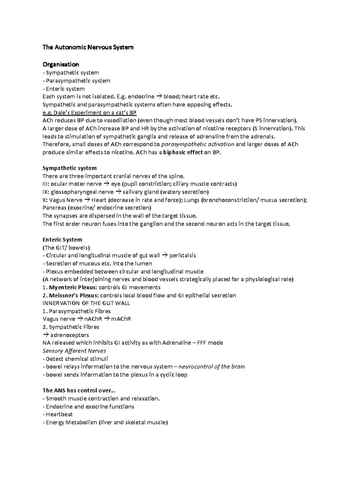 Autonomic NS Notes - Summary Pharmacology – Nervous system - The ...