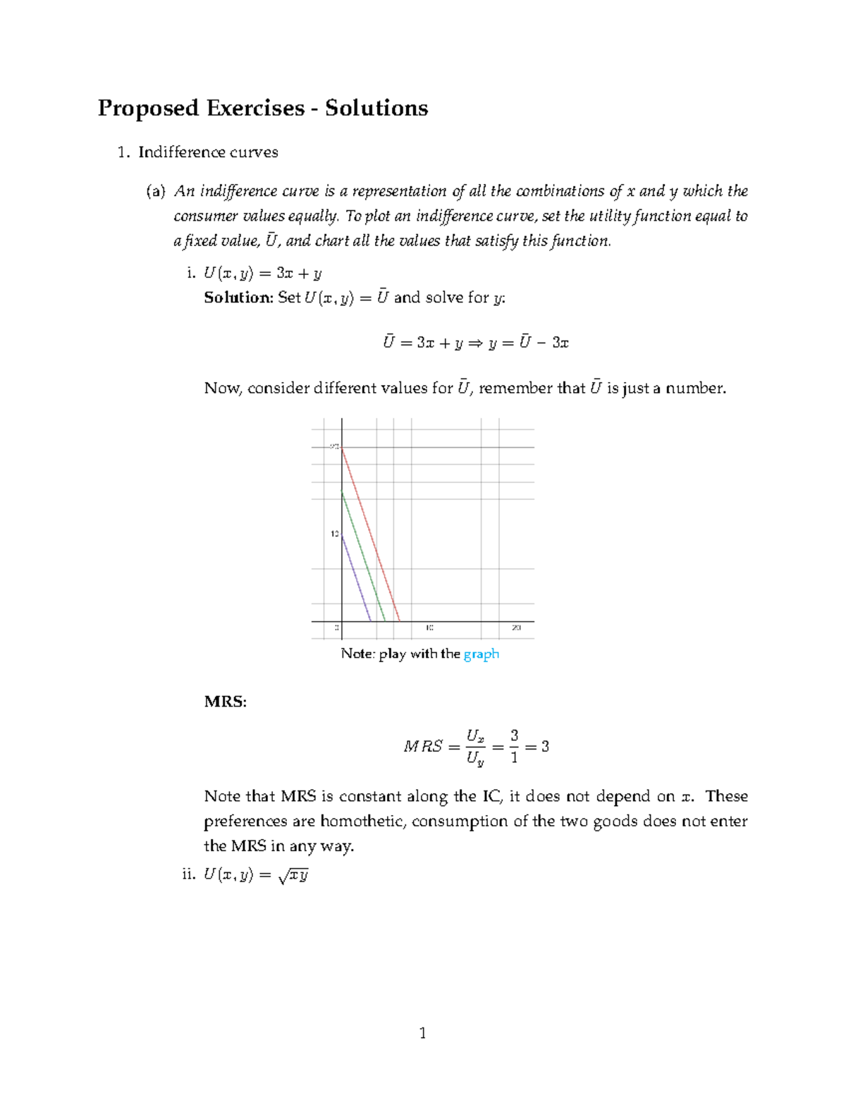 Econ11 2 practice sol - Proposed Exercises - Solutions Indifference curves (a) An indifference ...