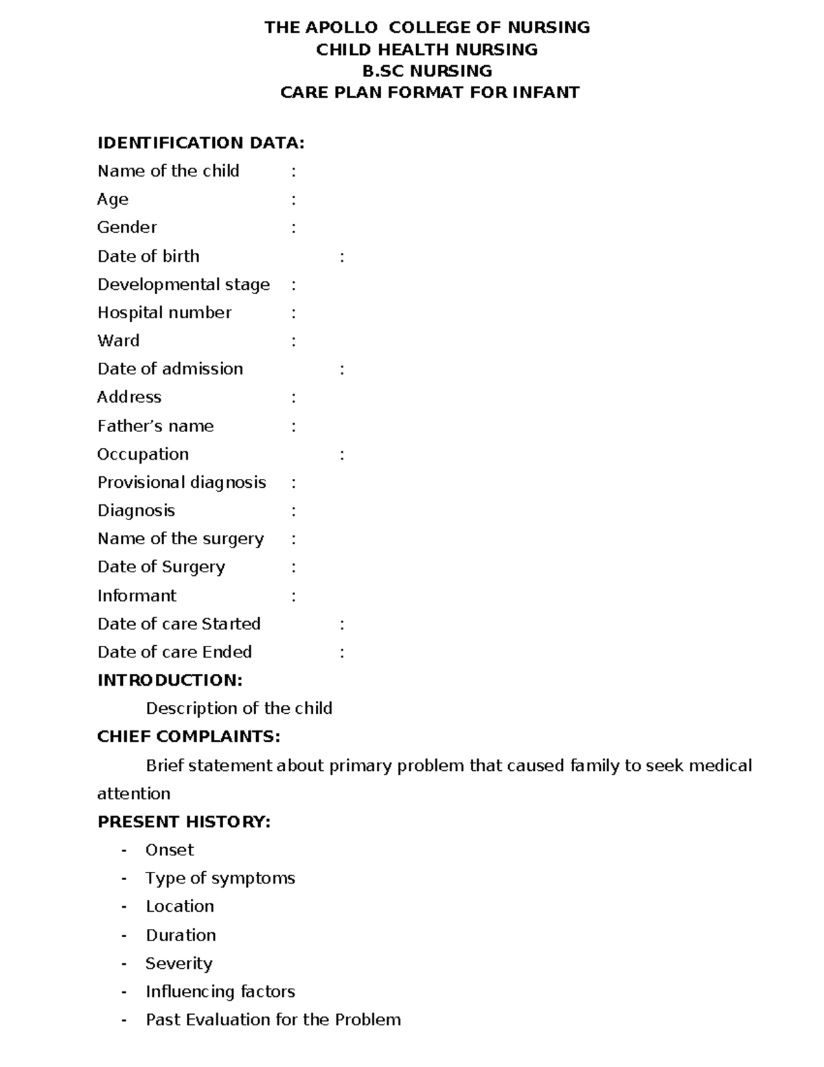 CARE PLAN Format FOR Infant - THE APOLLO COLLEGE OF NURSING CHILD ...