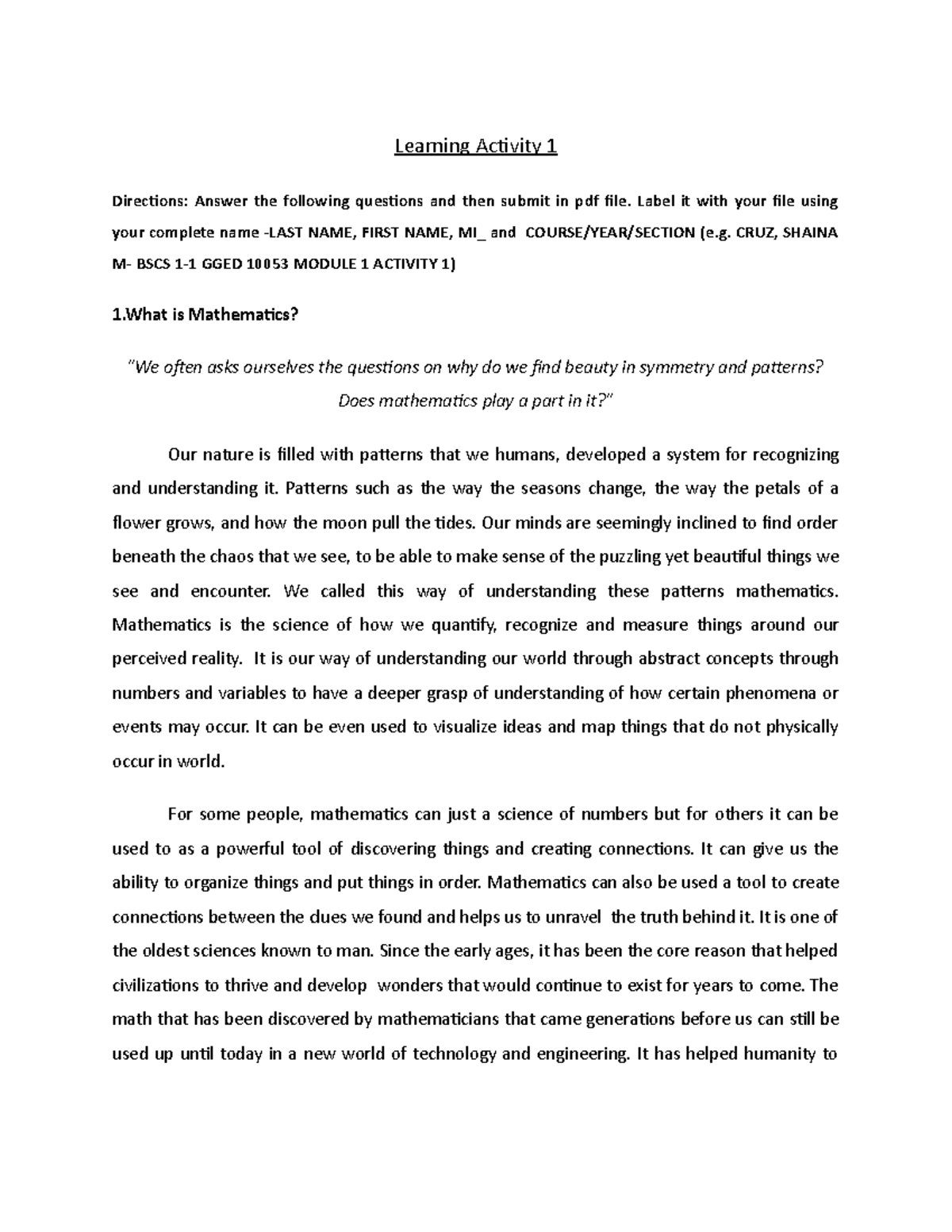 MMW Learning Activity 1 - Learning Activity 1 Directions: Answer the ...