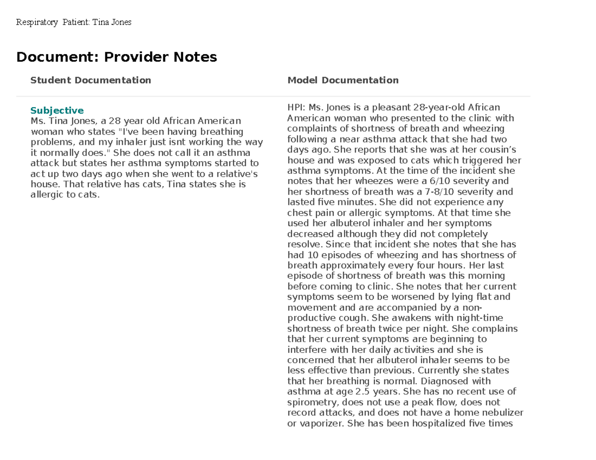 Respiratory- Shadow health Tina Jones - Respiratory Patient: Tina Jones ...