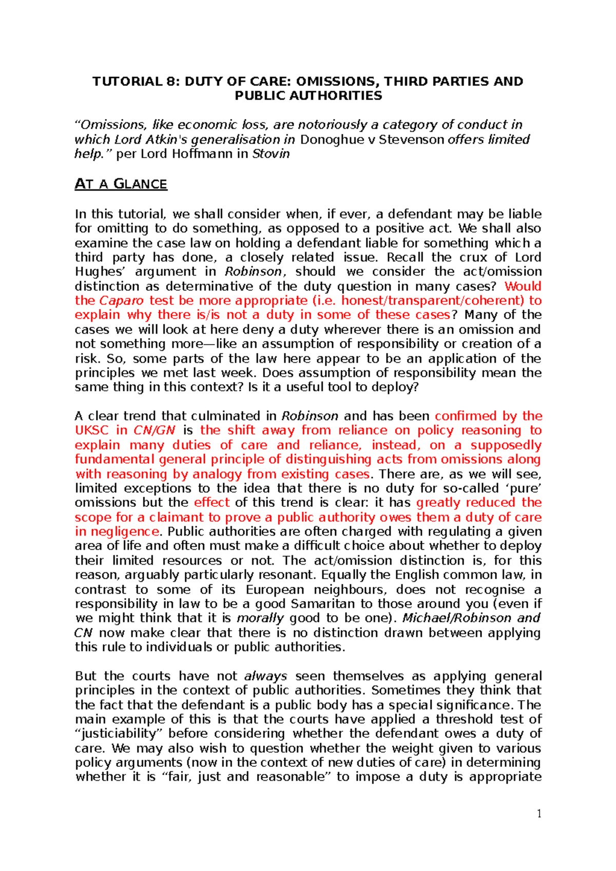 Tutorial 8 (Omission, Third Party, Public Authority) - TUTORIAL 8: DUTY ...