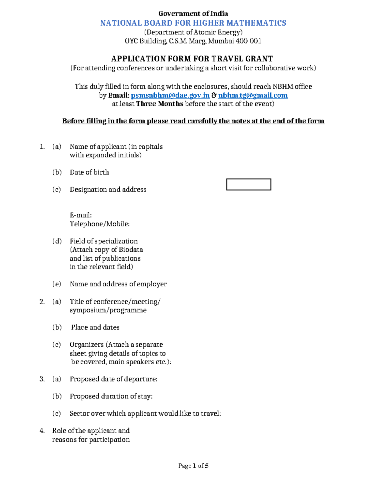 NBHM Travel Grant Application Form - Government of India NATIONAL BOARD ...