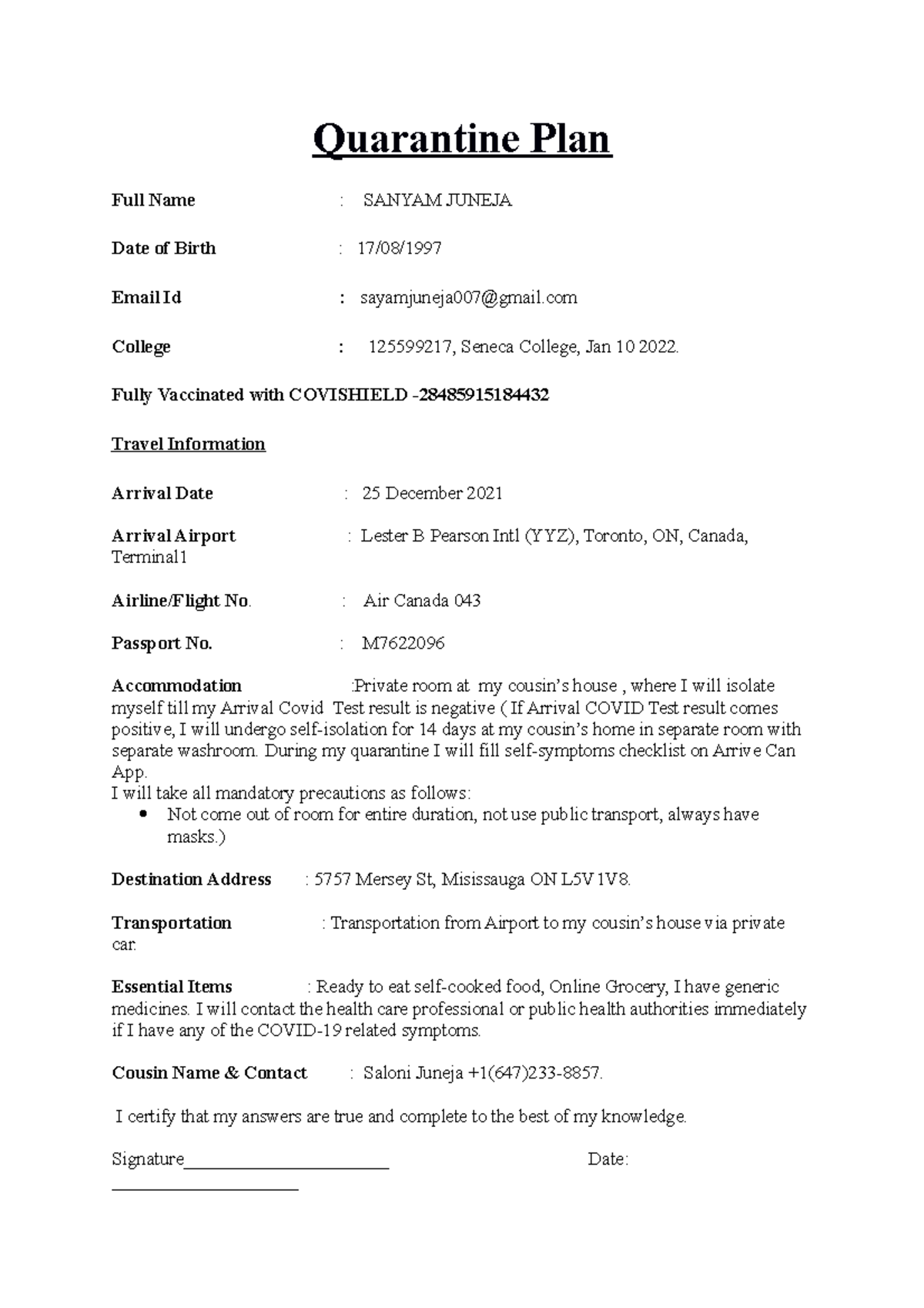 Sanyam Juneja Quarantine Plan - Quarantine Plan Full Name : SANYAM ...