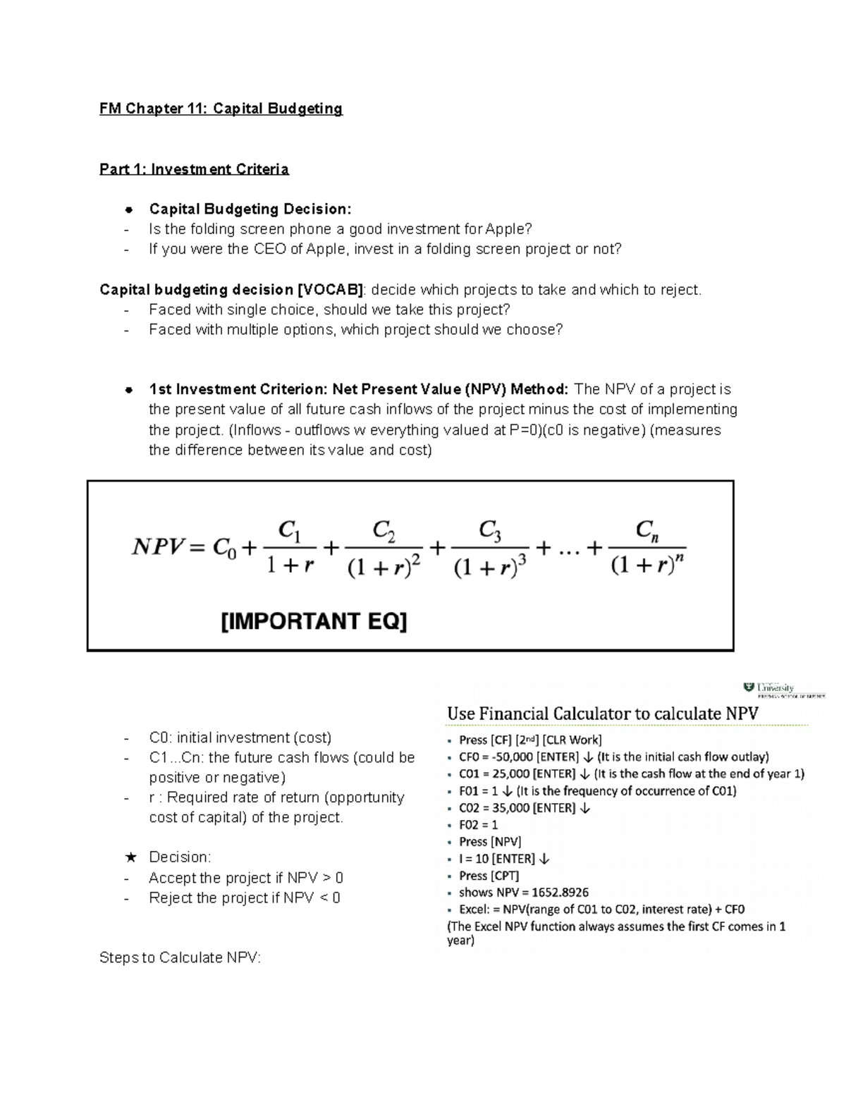 FM Ch 11 Notes - Professor: Zhou (Fundamentals of Corporate Finance ...