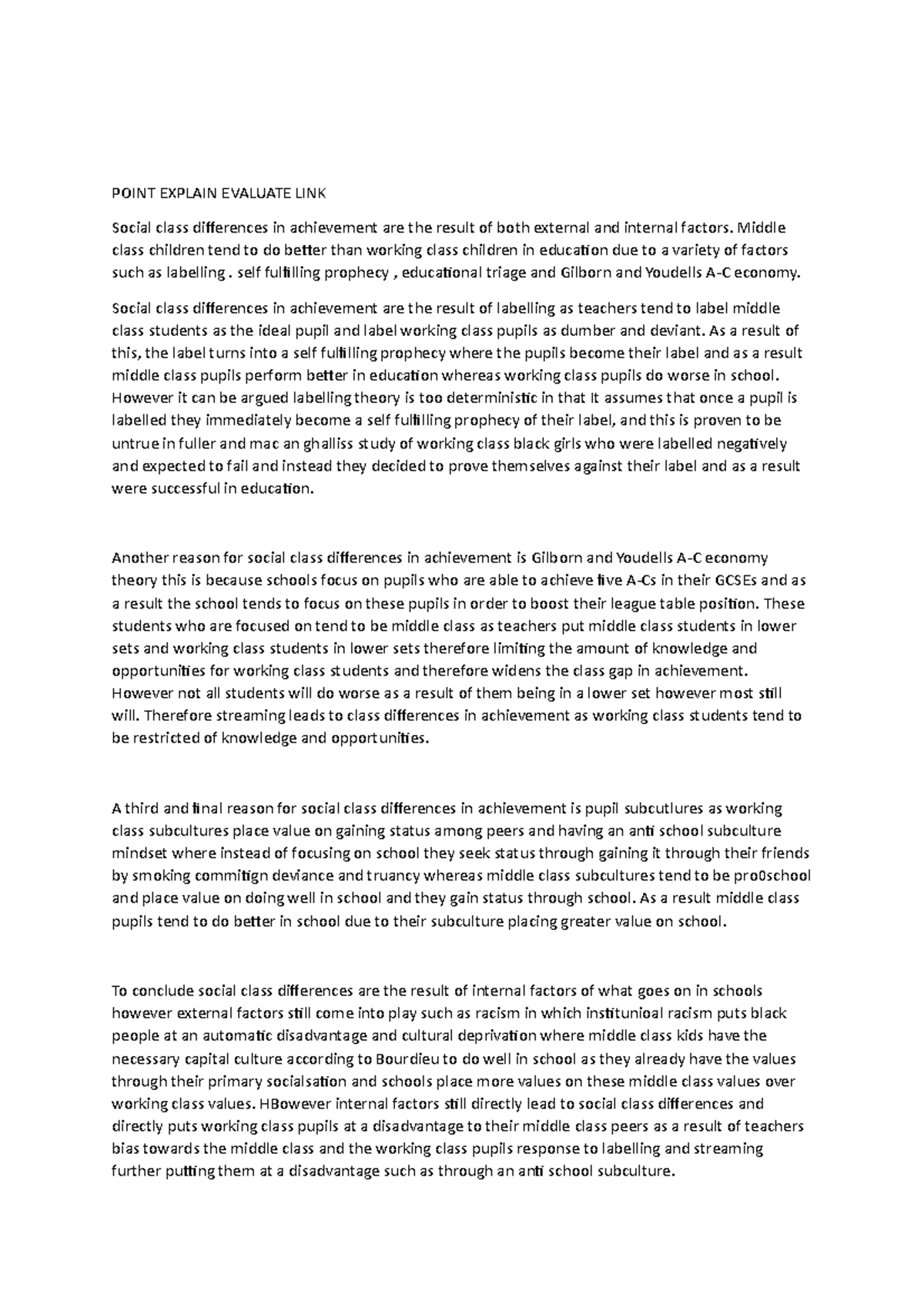 Point Explain Evaluate LINK - POINT EXPLAIN EVALUATE LINK Social class ...