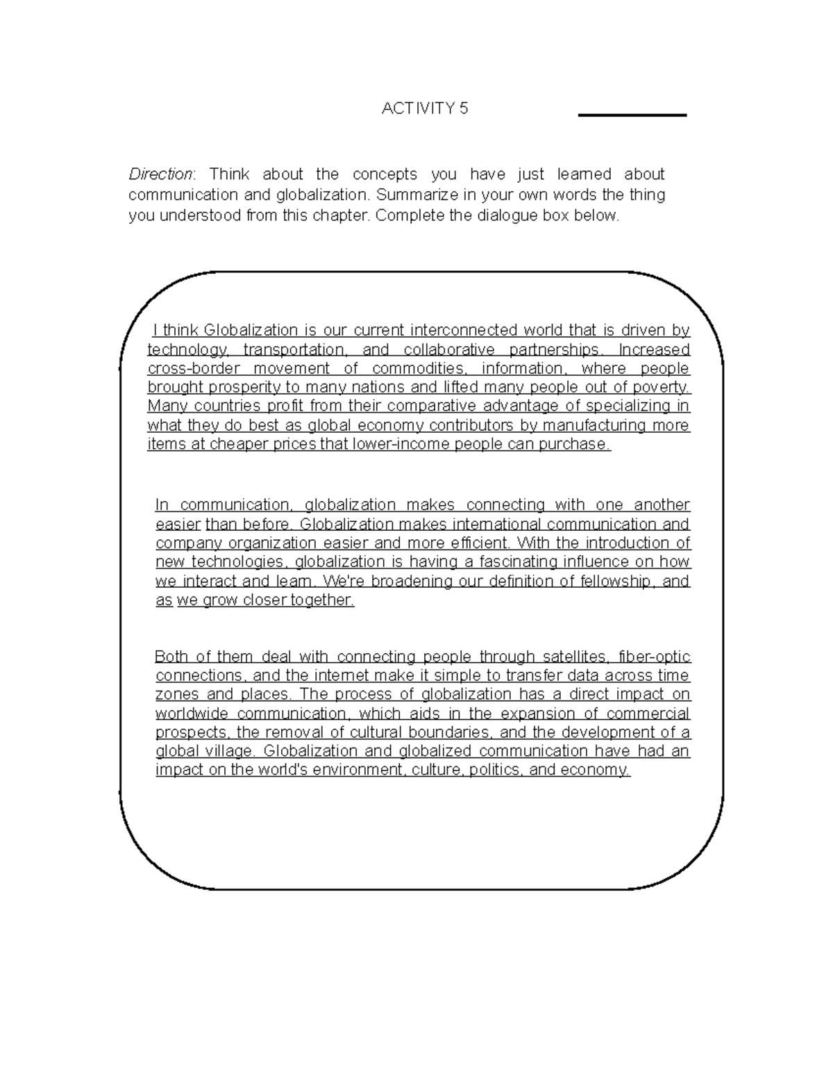 GE 5 Activity 5 - ACTIVITY 5 Direction: Think about the concepts you ...