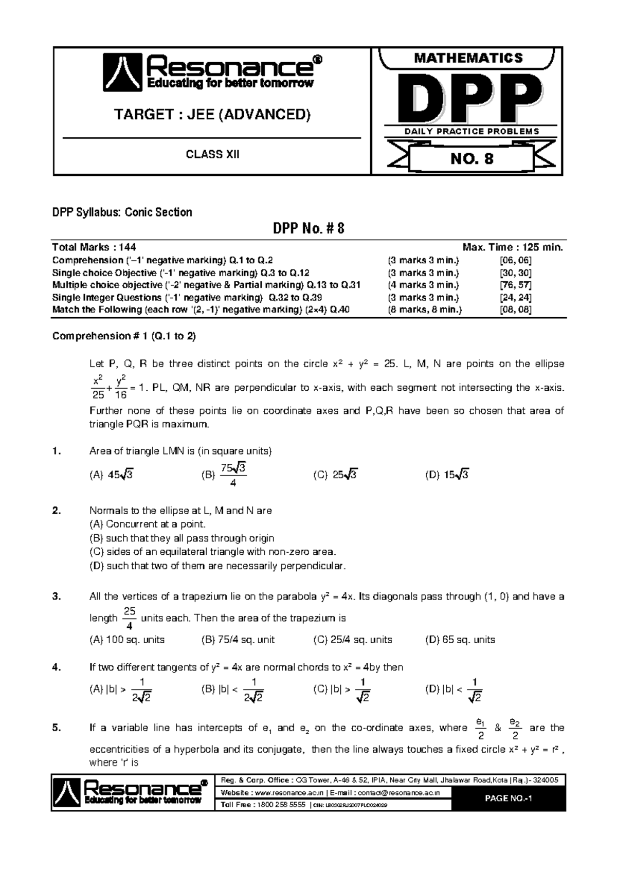 DPP - 8 (Conic section) PC E - Reg. & Corp. Office : CG Tower, A-46 & 52, IPIA, Near City - Studocu