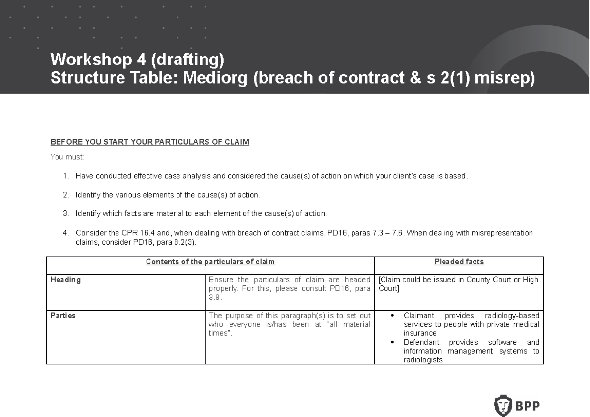 Mediorg - Drafting Structure Table - CS 2021 - BPP - Studocu