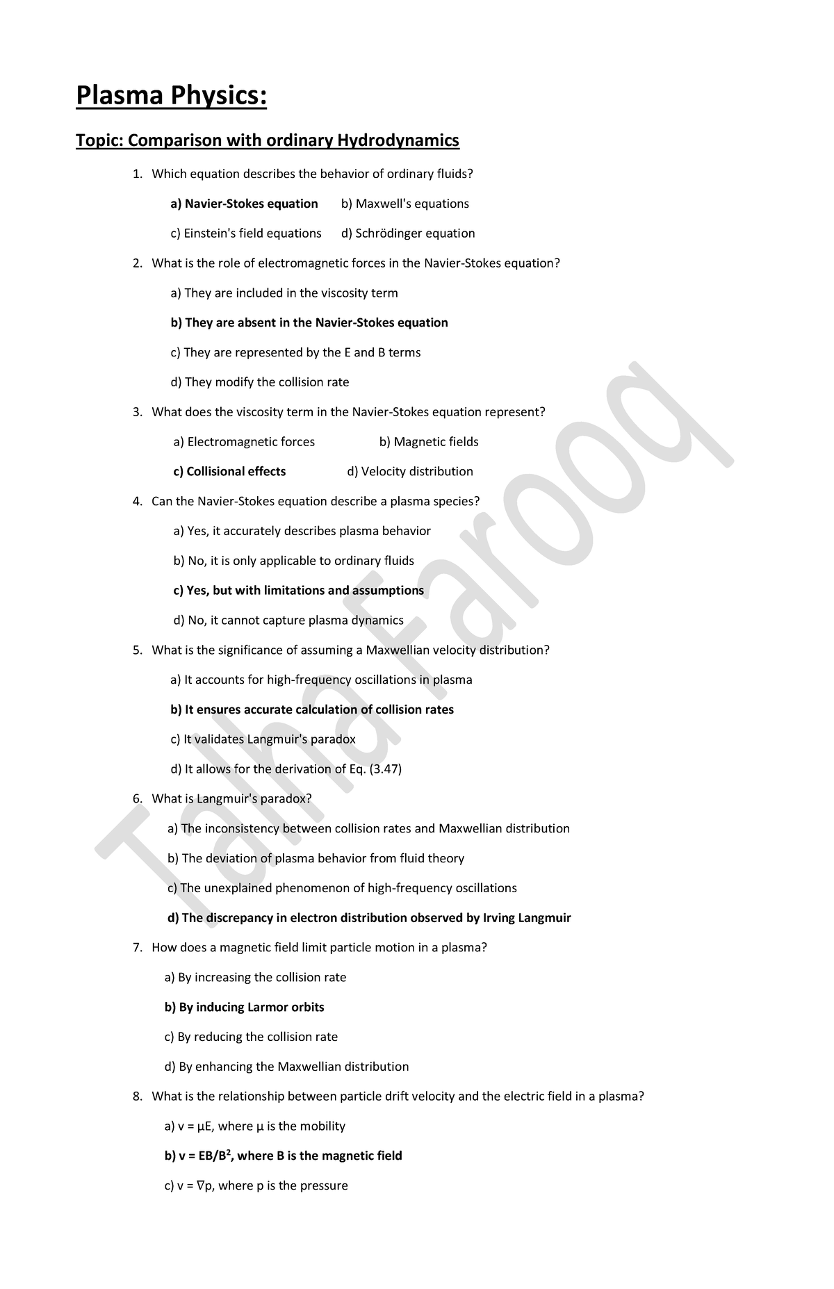 Plasma Physics mcqs 1 - Plasma Physics: Topic: Comparison with ordinary ...