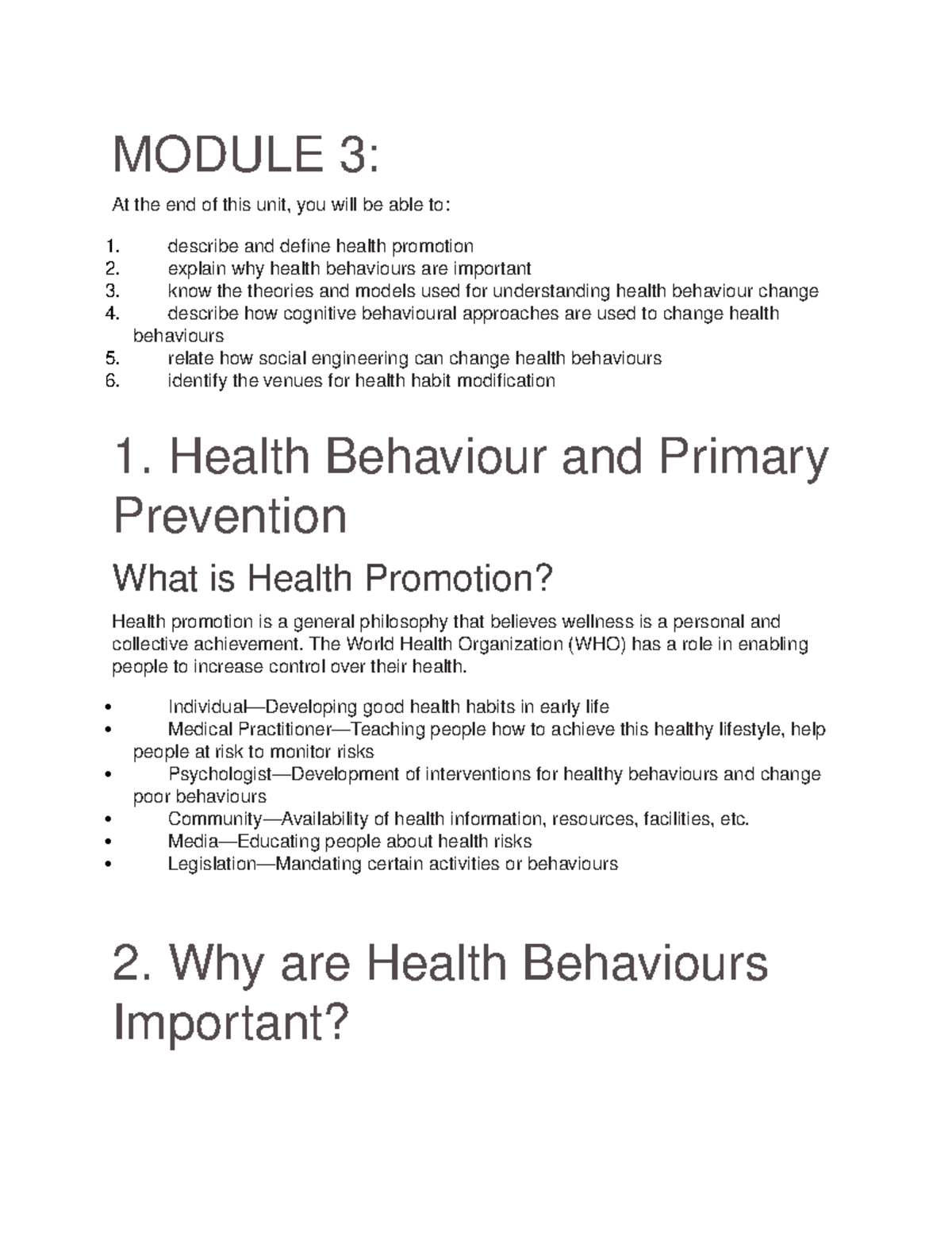 Module 3 - Health behaviours - MODULE 3: At the end of this unit, you ...