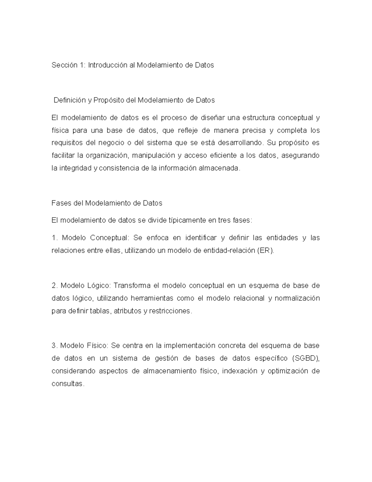 Base de datos - Sección 1: Introducción al Modelamiento de Datos Definición y Propósito del ...
