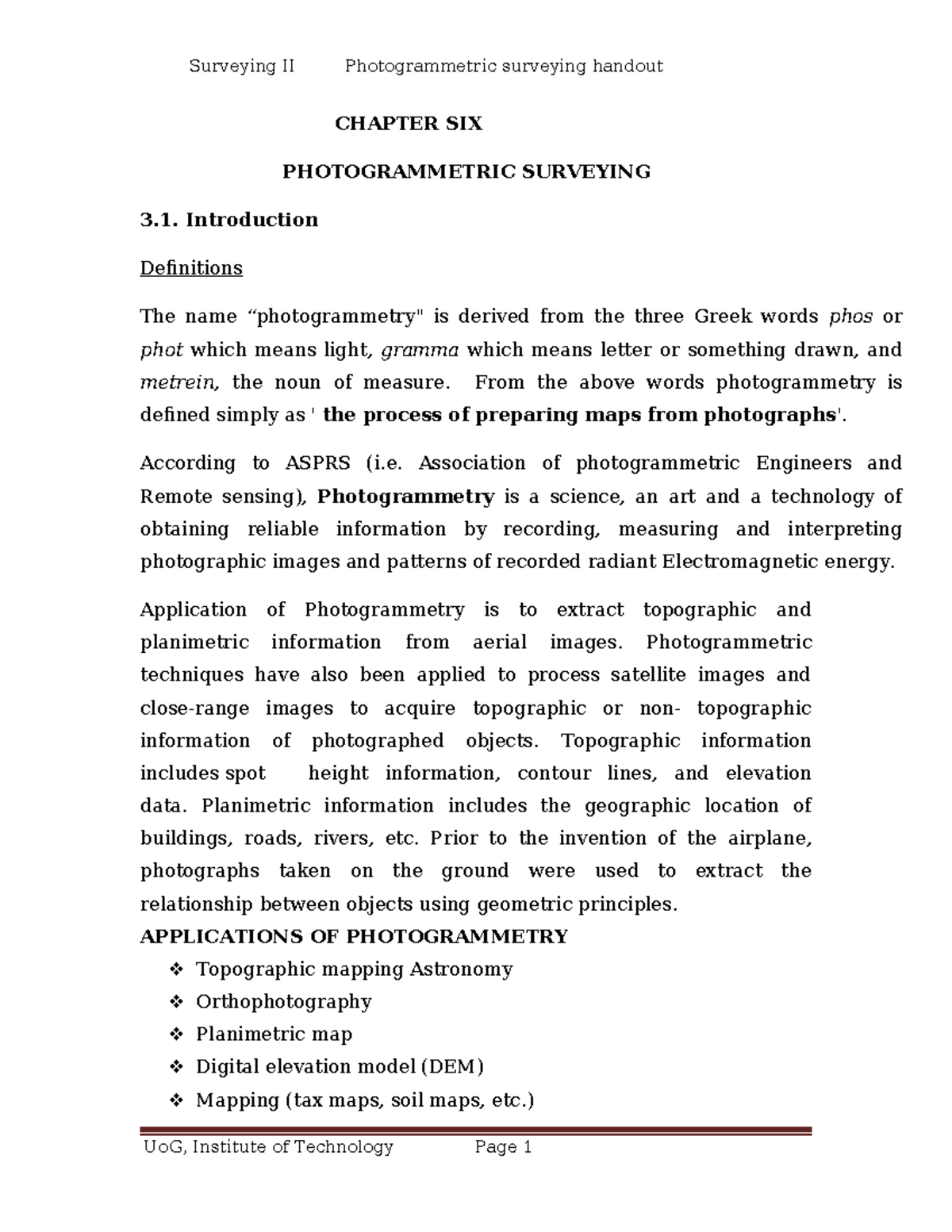 Photogrammetry 3 - CHAPTER SIX PHOTOGRAMMETRIC SURVEYING 3 ...