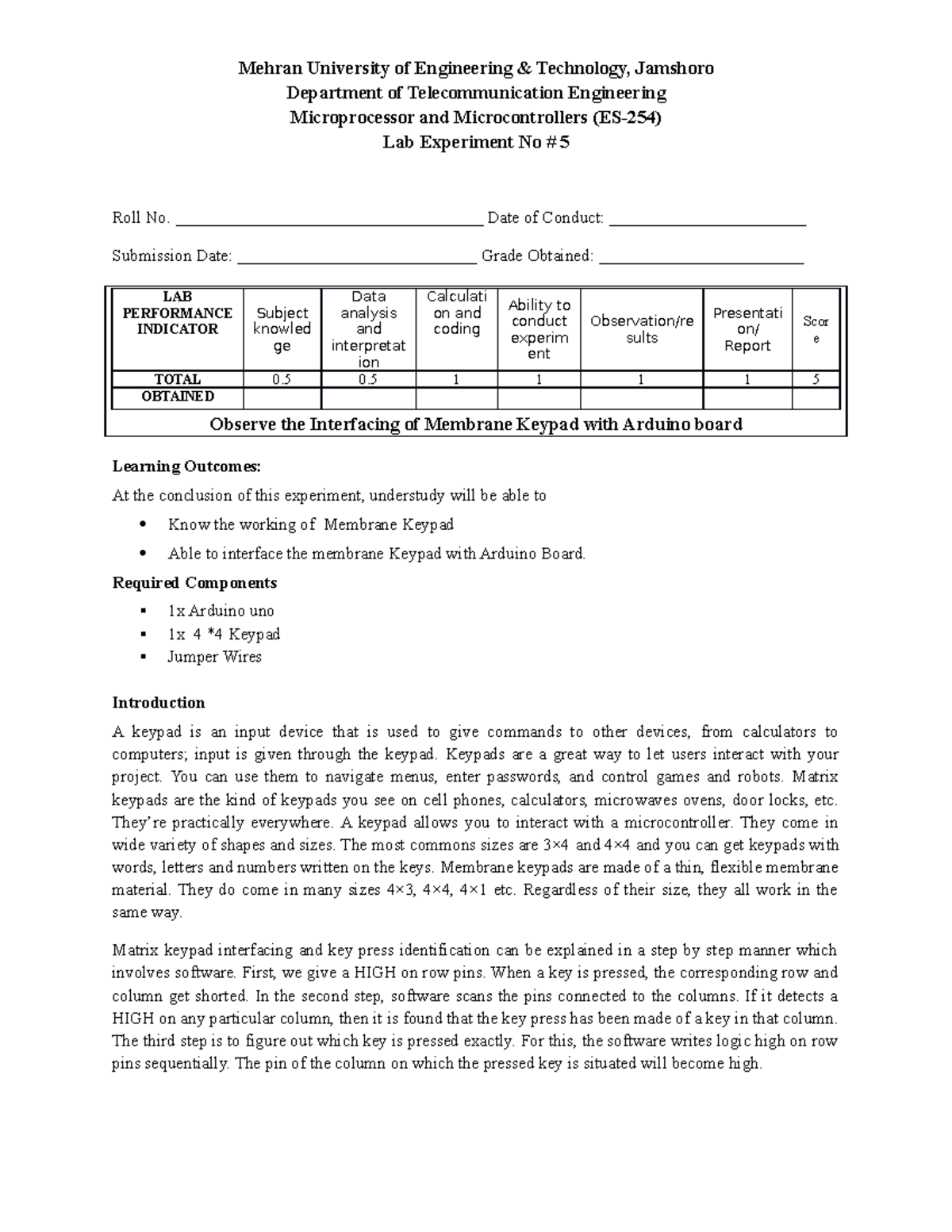 Lab 05 - Department of Telecommunication Engineering Microprocessor and ...