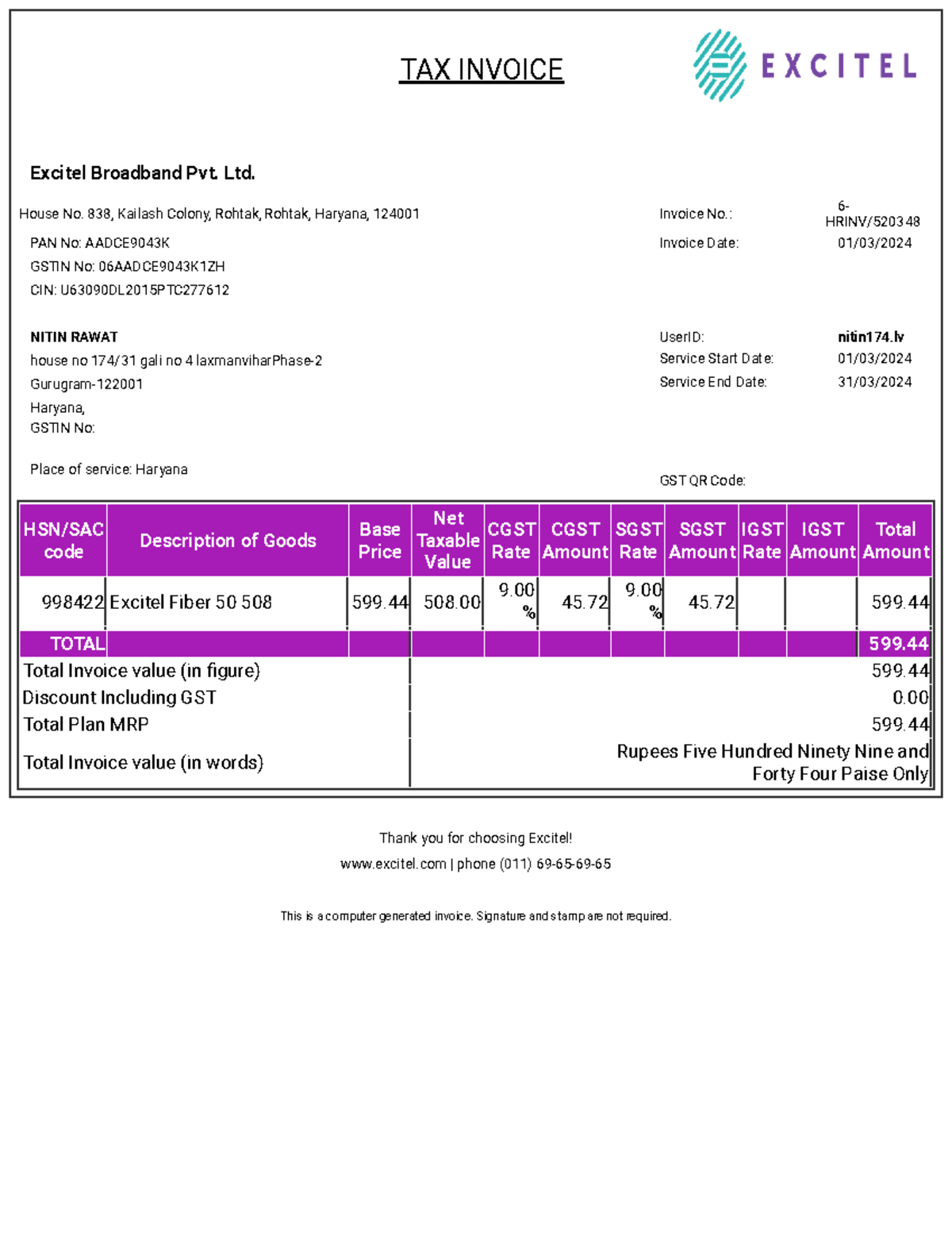 March internet invoice - TAX INVOICE Excitel Broadband Pvt. Ltd. House ...