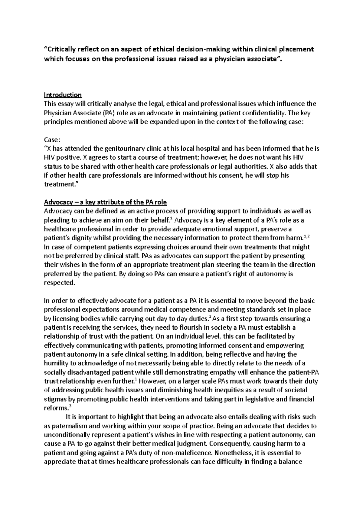 PPD advocacy essay - “Critically reflect on an aspect of ethical ...