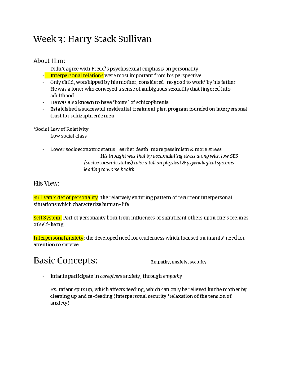 Week 3 Harry Stack Sullivan - Week 3: Harry Stack Sullivan About Him ...