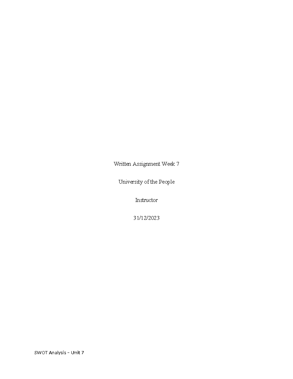 PSYC 1205 SWOT Analysis Worksheet Written assignment week 7 - Written Assignment Week 7 ...