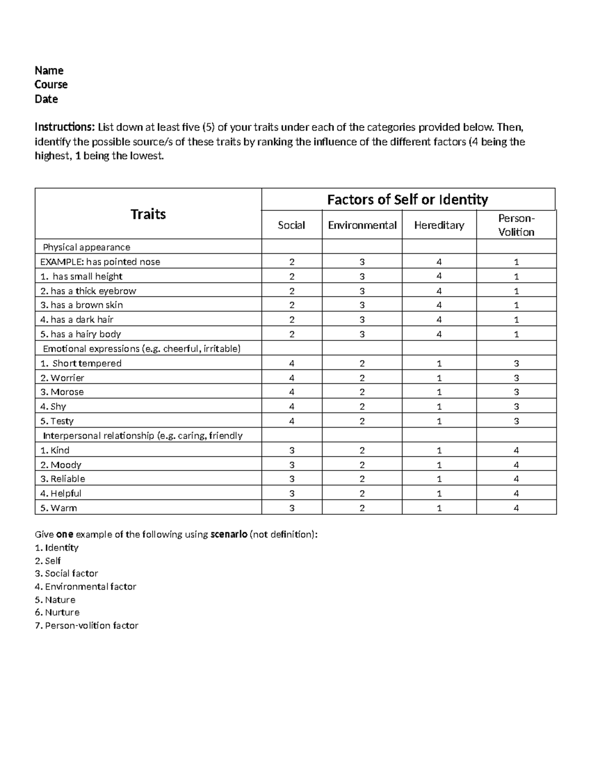 Activity 2. Factors OF SELF OR Identity 2060579669 - Name Course Date ...