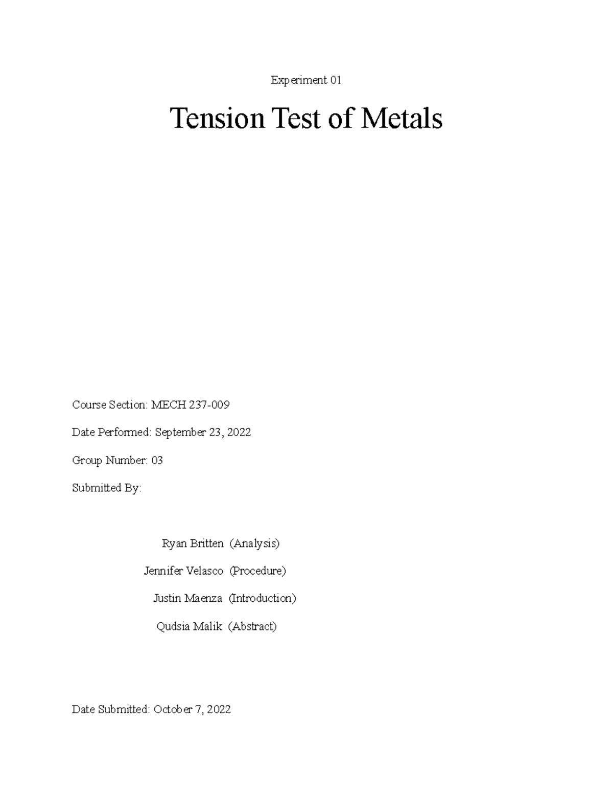 Strength of Materials Lab 1 Tension Test Group 3 - Experiment 01 ...