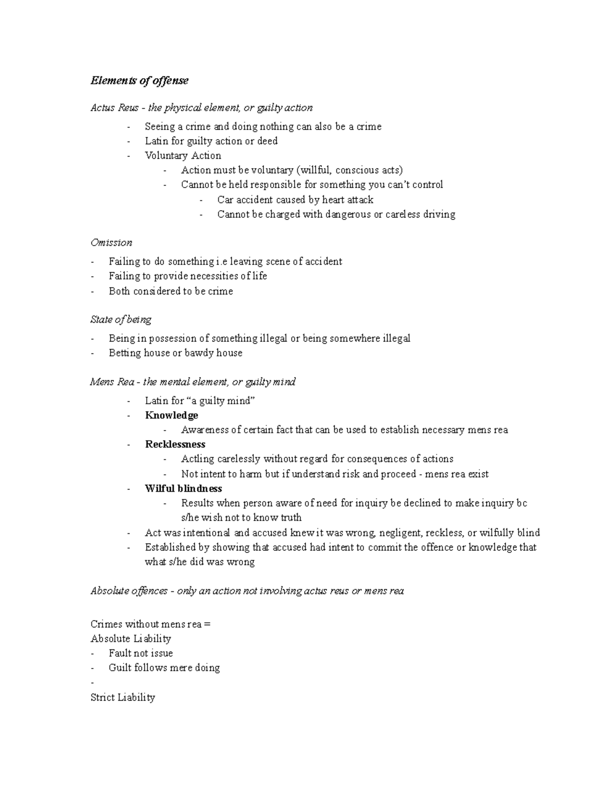 Criminal Law Review Sheet - Elements of offense Actus Reus - the ...