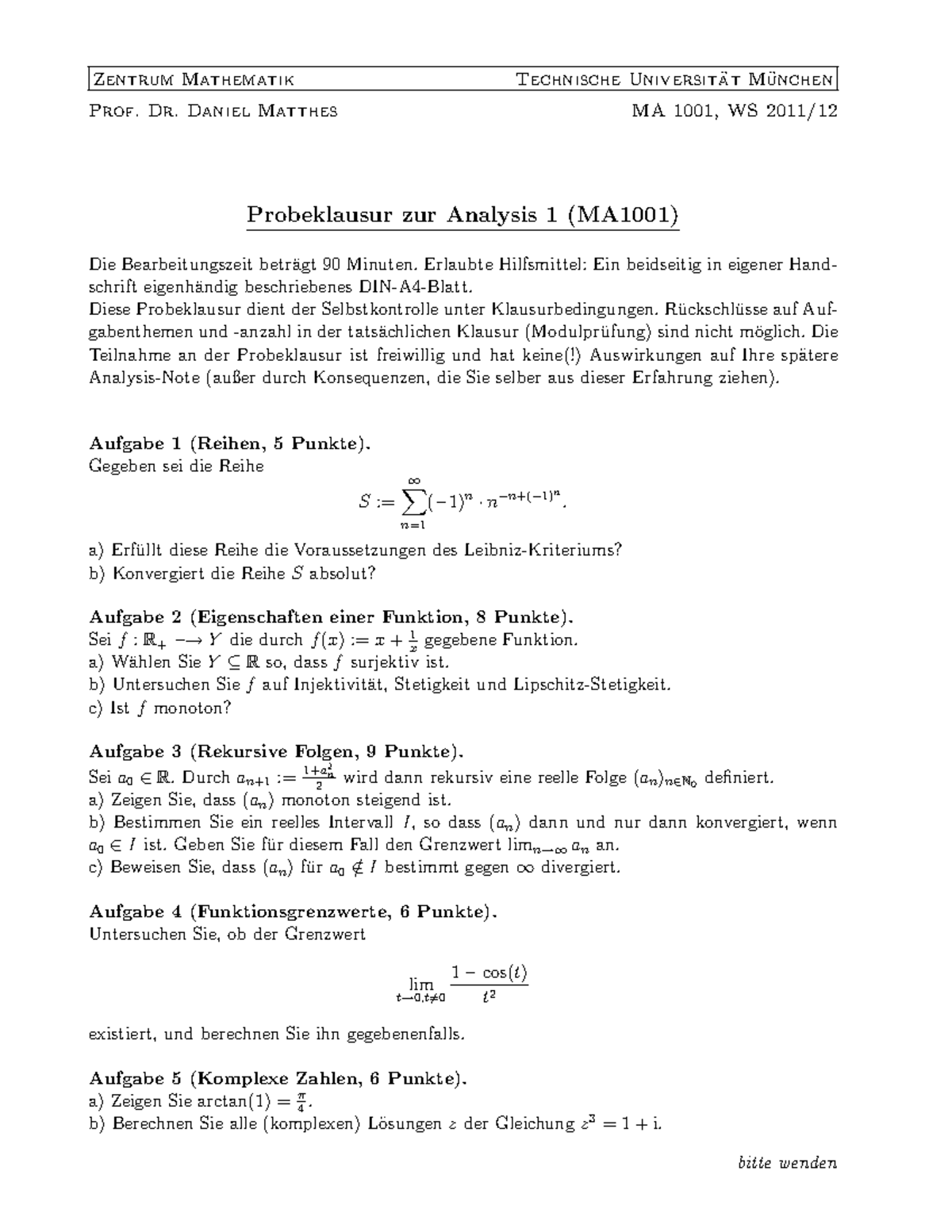 MA 1001, WS 2011/12 - Zentrum Mathematik Technische Universit ̈at M ...