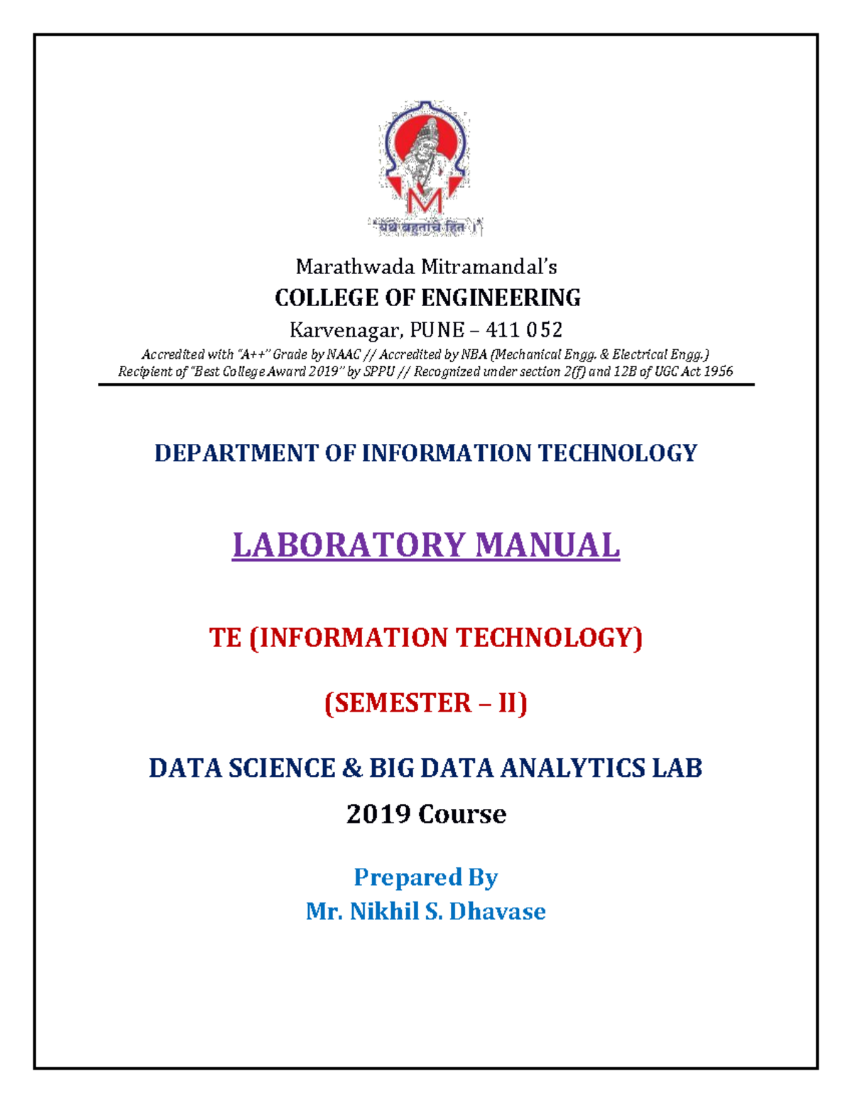 Dsbda lab - Marathwada Mitramandal’s COLLEGE OF ENGINEERING Karvenagar, PUNE – 411 052 ...