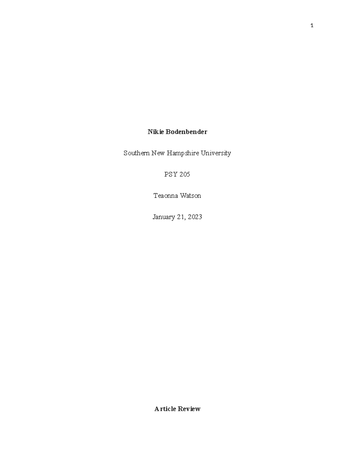 Article review - 1 Nikie Bodenbender Southern New Hampshire University ...