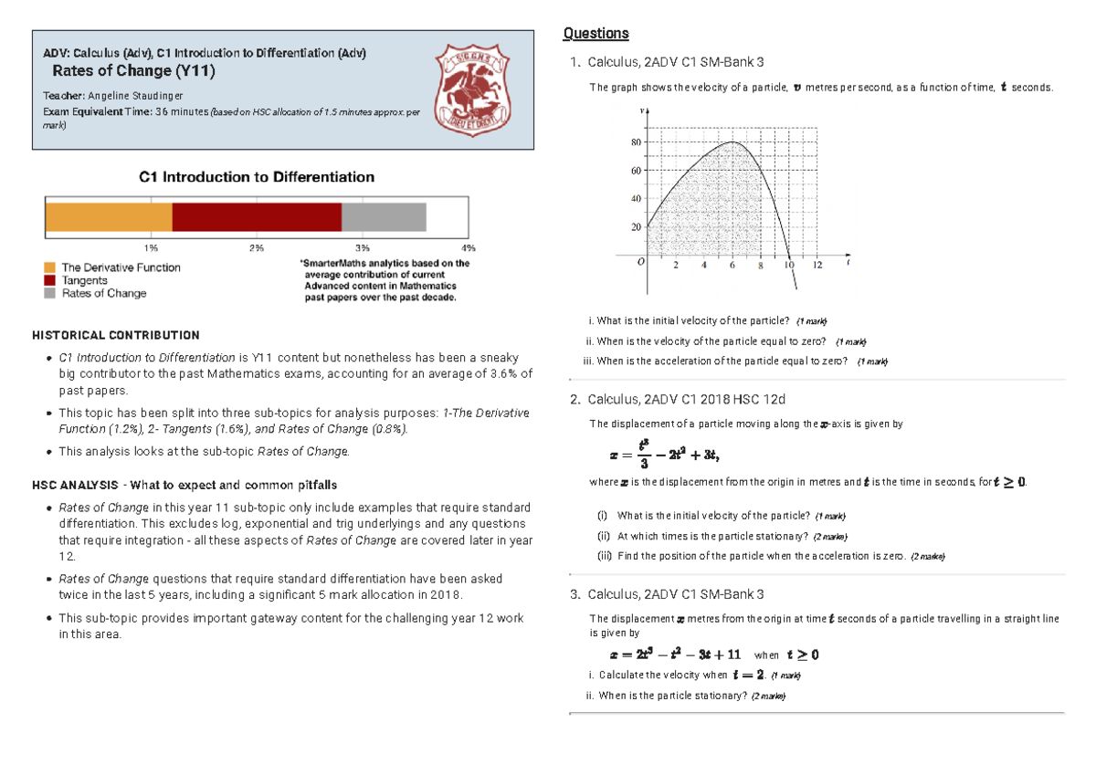 Smarter Maths - Yr 11 - Rates of Change - ADV: Calculus (Adv), C1 ...