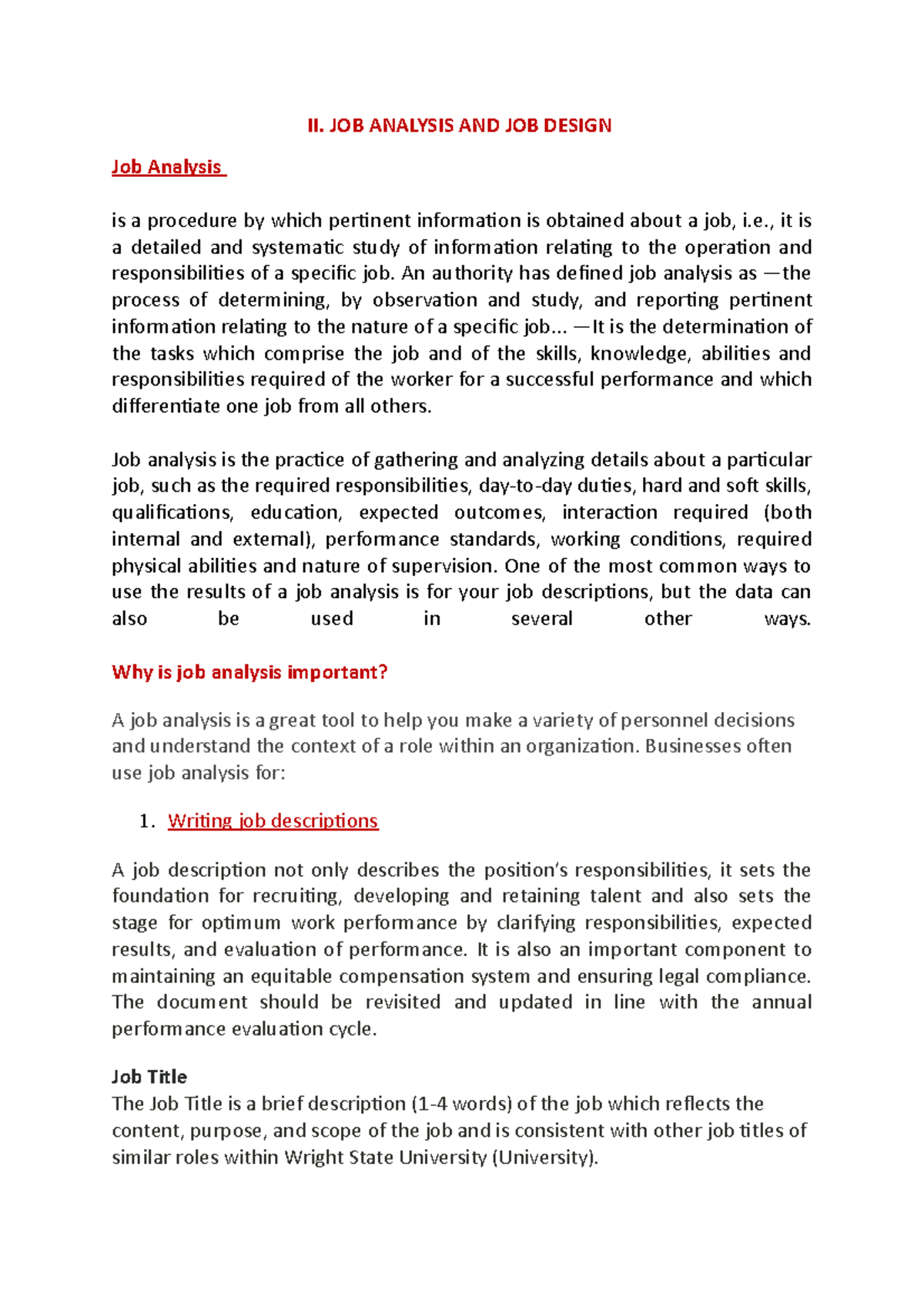 ACC-212-II - NOTES - II. JOB ANALYSIS AND JOB DESIGN Job Analysis is a ...