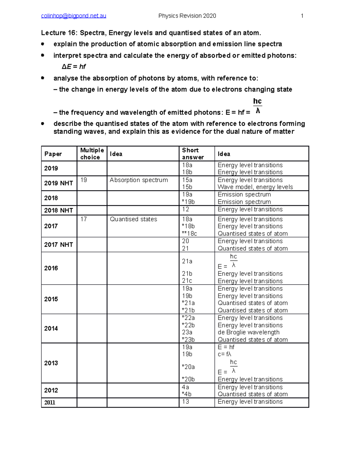 Lecture 16 Energy levels 2020 - Lecture 16: Spectra, Energy levels and ...