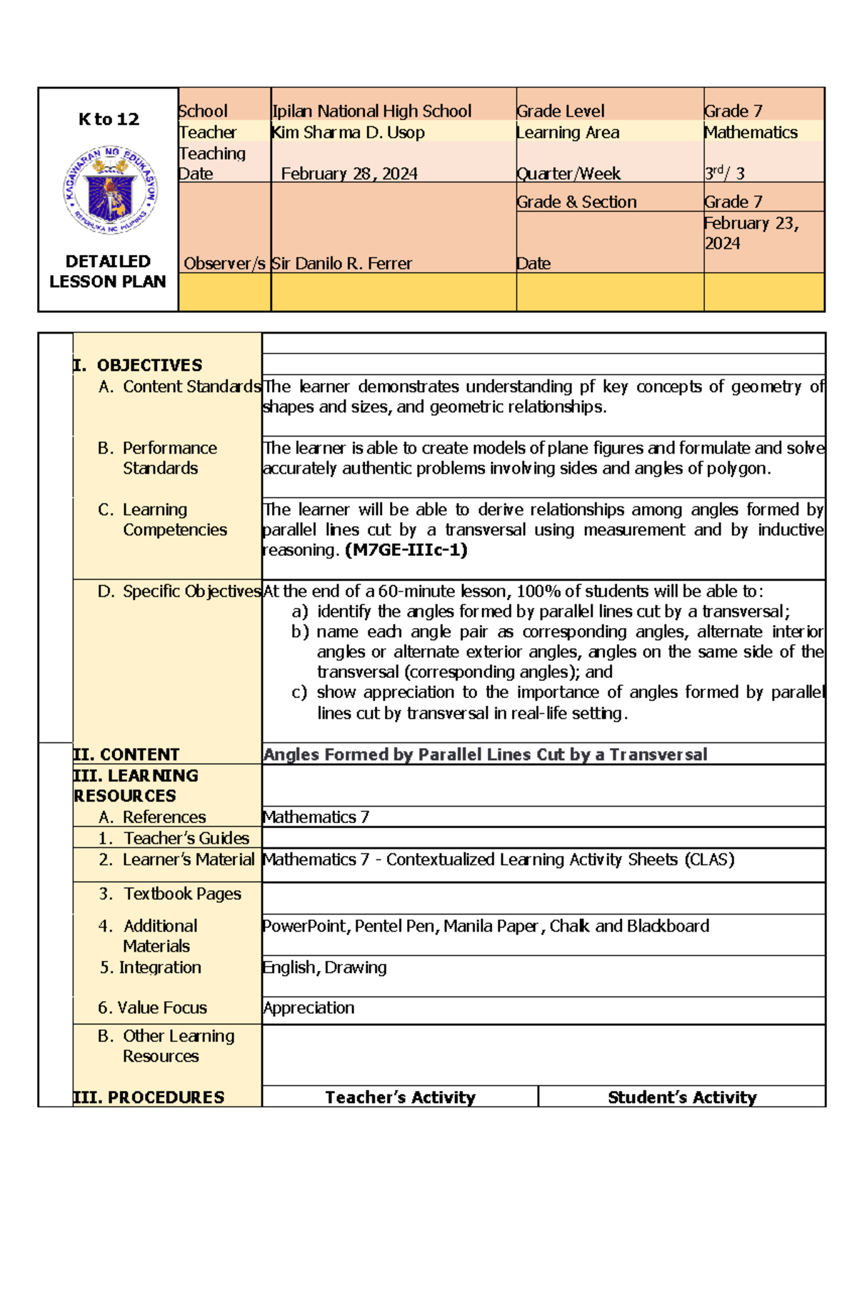 Grade 10 Lesson Plan - K to 12 DETAILED LESSON PLAN School Ipilan ...