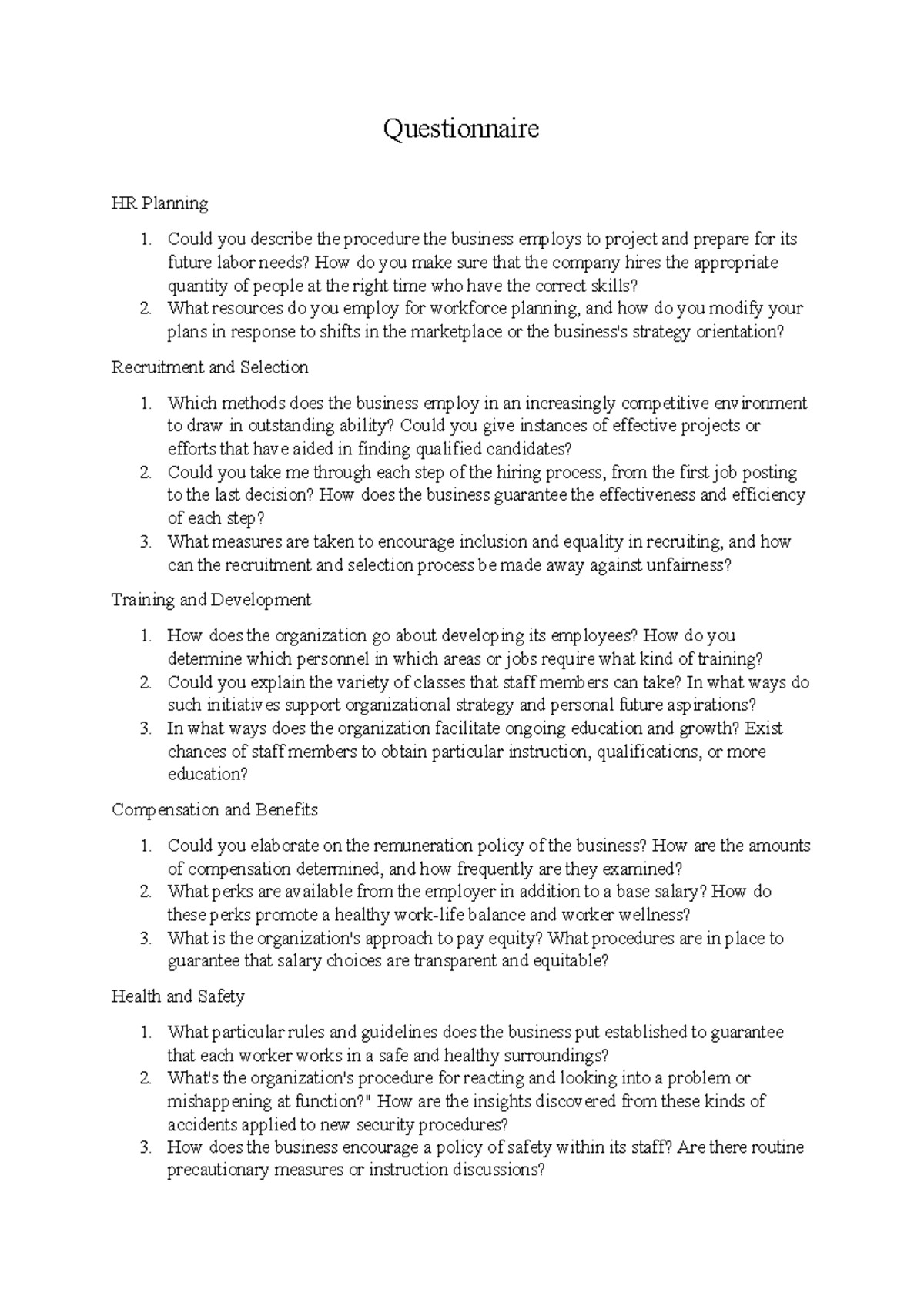 Questionnaire - HRM - Questionnaire HR Planning 1. Could you describe ...