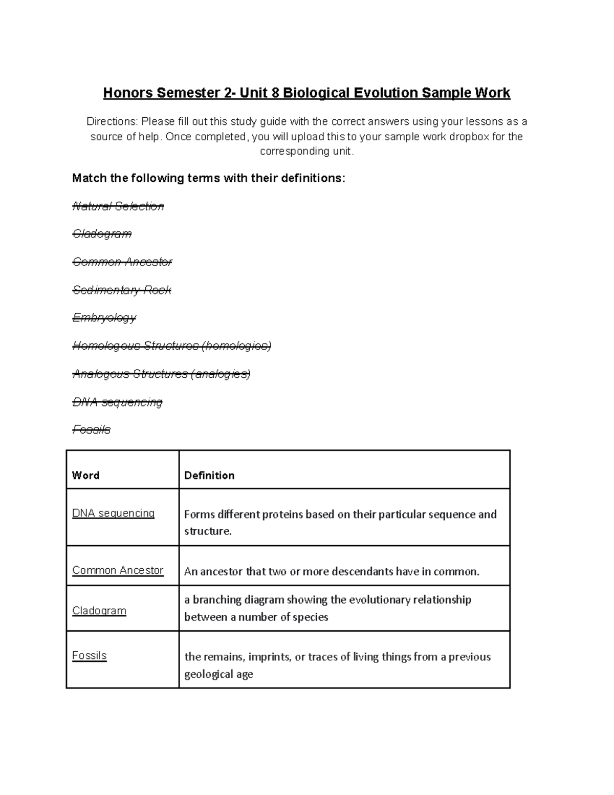 Honors Semester Unit 8 Biological Evolution Sample Work - Studocu