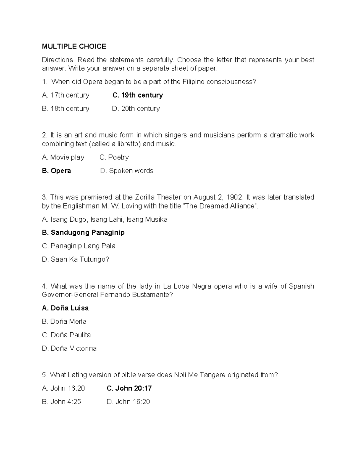 Multiple Choice - MULTIPLE CHOICE Directions. Read the statements ...