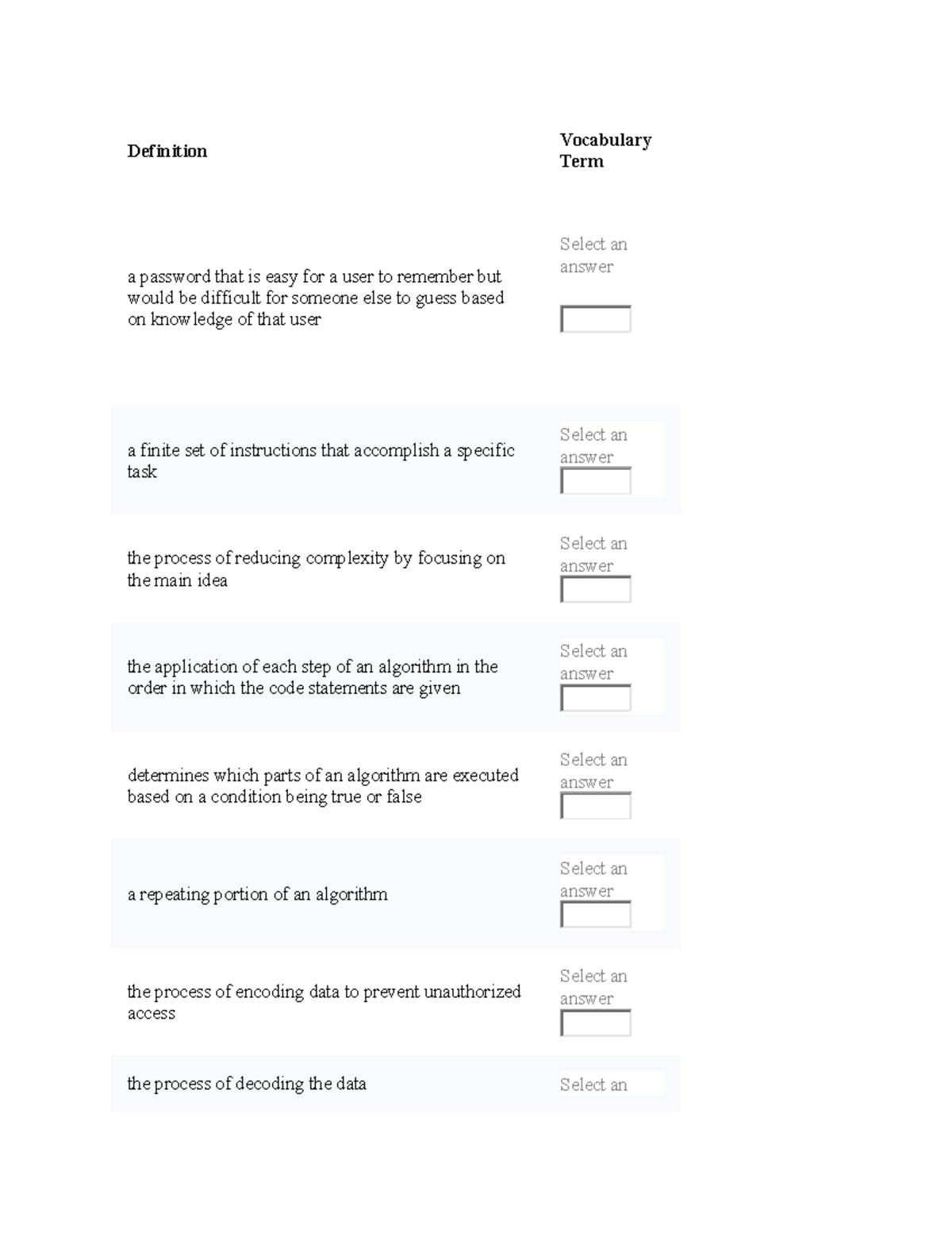 Unit1 Vocab Practice Definition Vocabulary Term A Password That Is