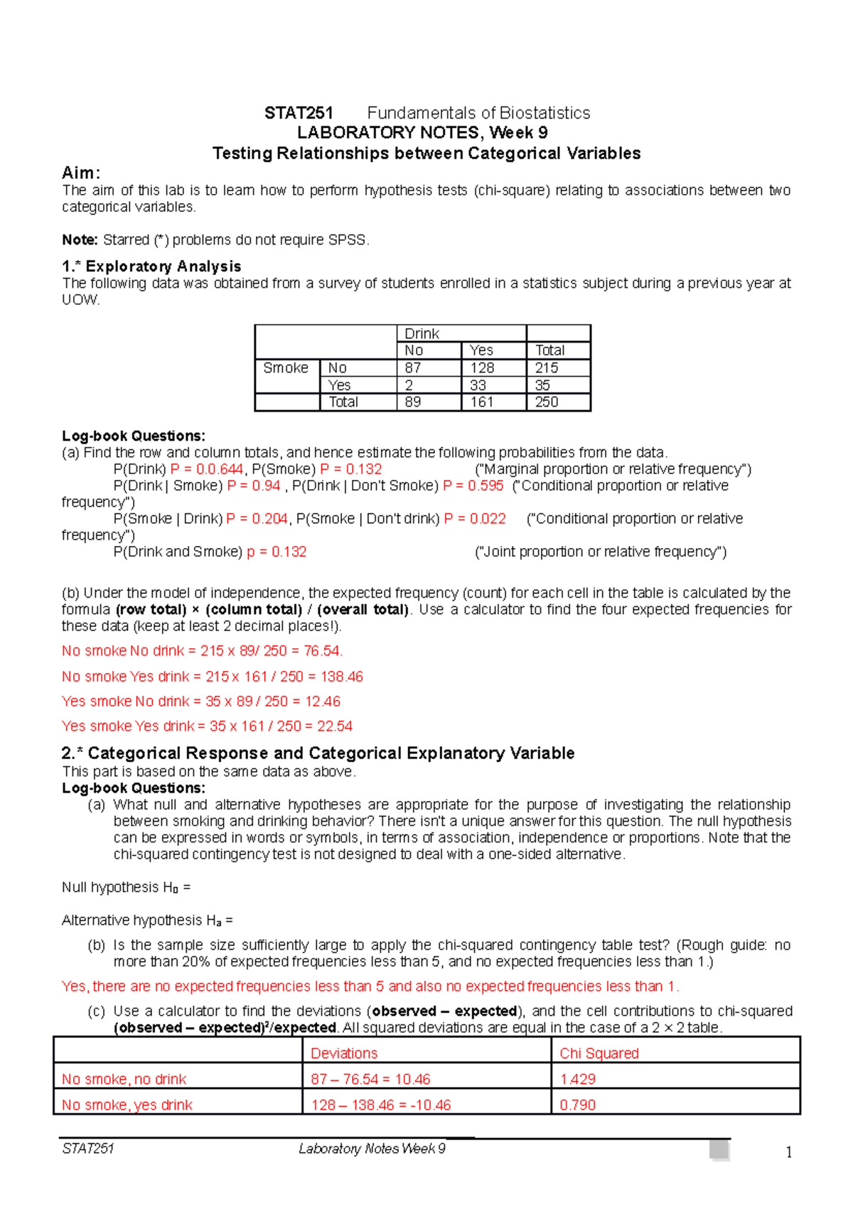 Week 9 Lab Stat251 Fundamentals Of Biostatistics Laboratory Notes