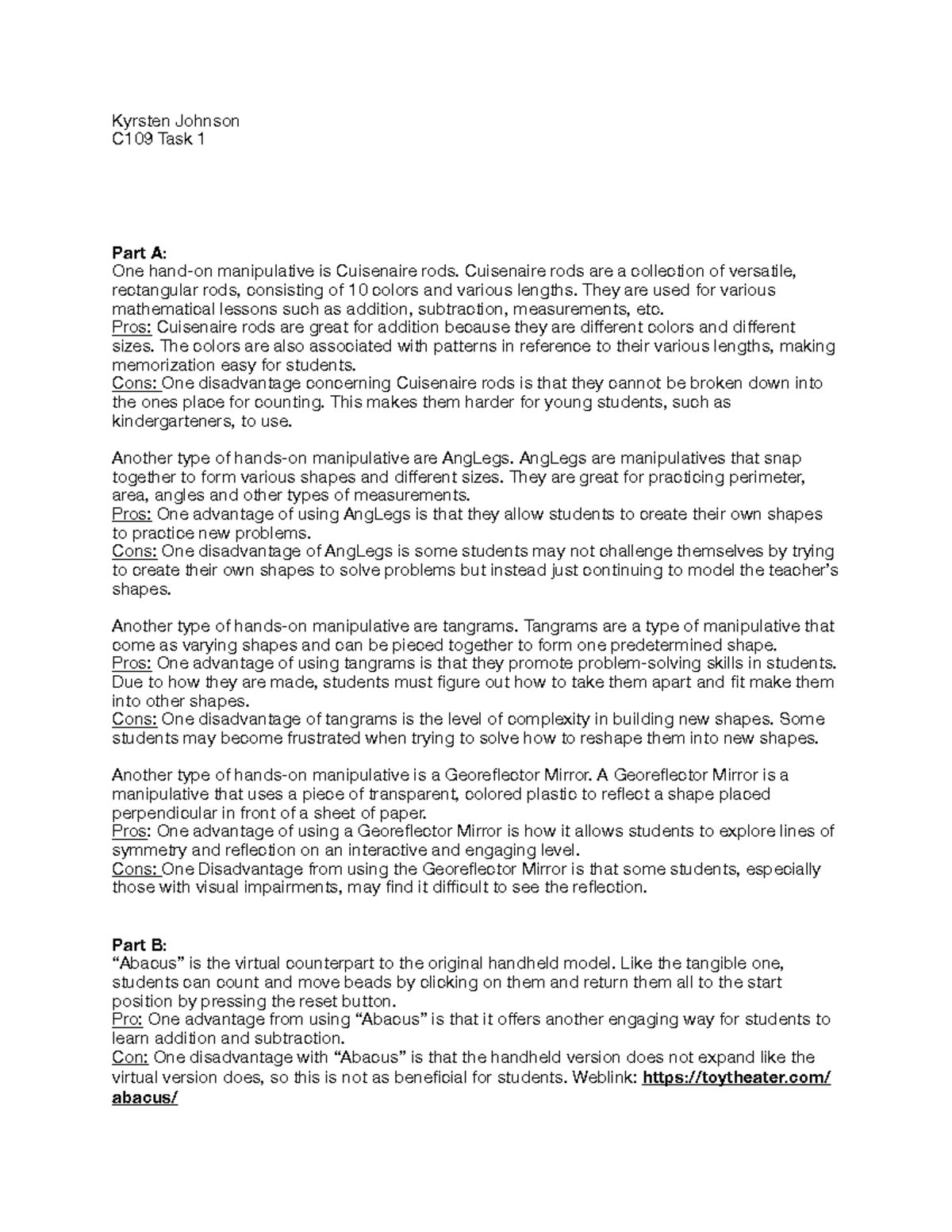 C109 (revised) pdf - Grade: pass - Kyrsten Johnson C109 Task 1 Part A ...