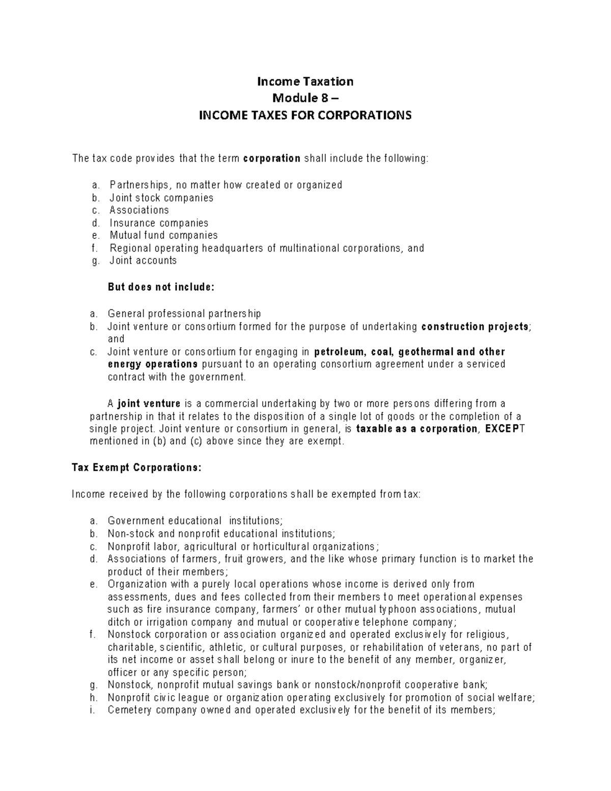 Module 7 Income Taxes for Corporations - Income Taxation Module 8 ...