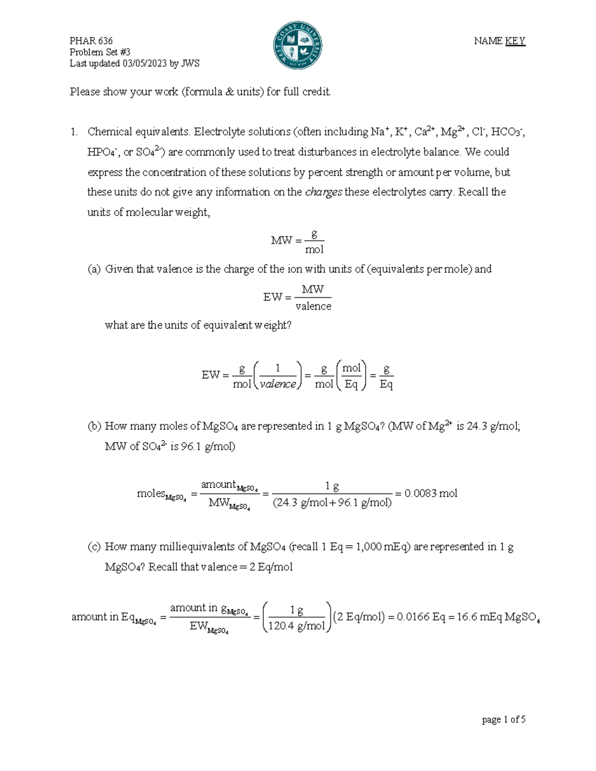 636 2023 PS3 KEY - Practice problem set answers - Problem Set # Last updated 03/05/2023 by JWS ...