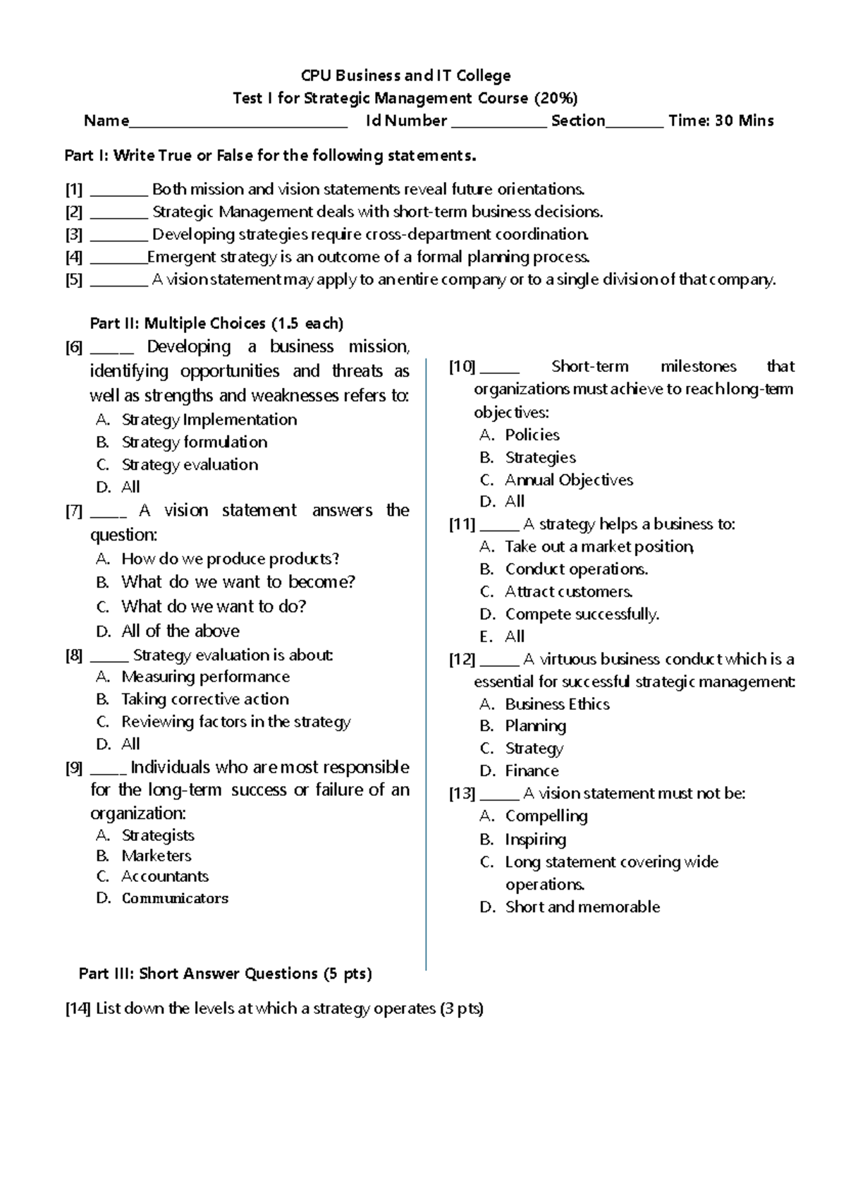SM Test I - Test - CPU Business and IT College Test I for Strategic ...